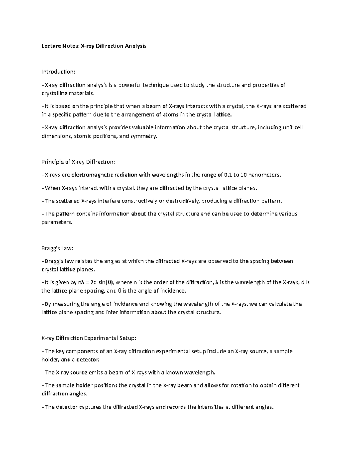 Lecture Notes X Ray Diffraction Analysis Lecture Notes X Ray Diffraction Analysis