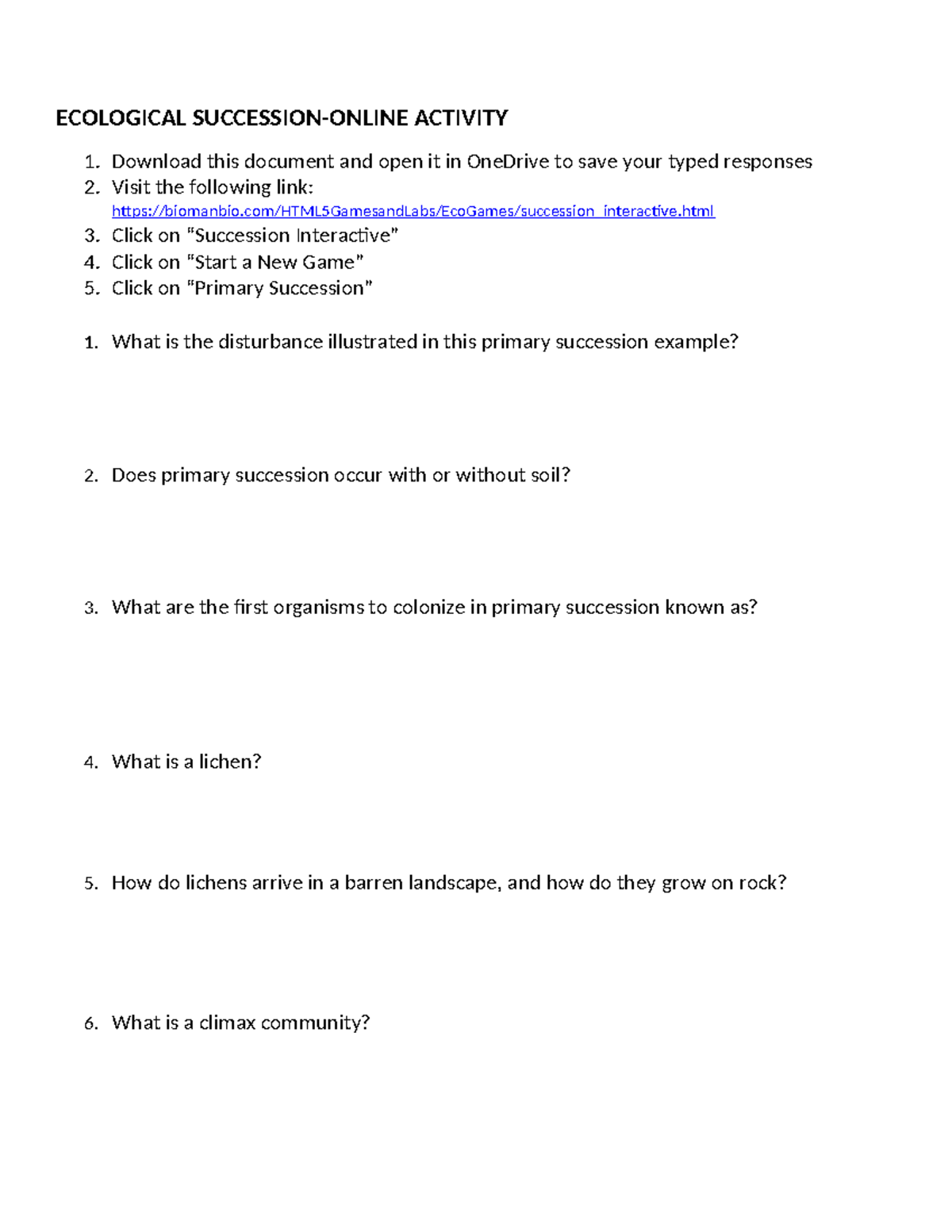Succession Game Worksheet - ECOLOGICAL SUCCESSION-ONLINE ACTIVITY 1 ...