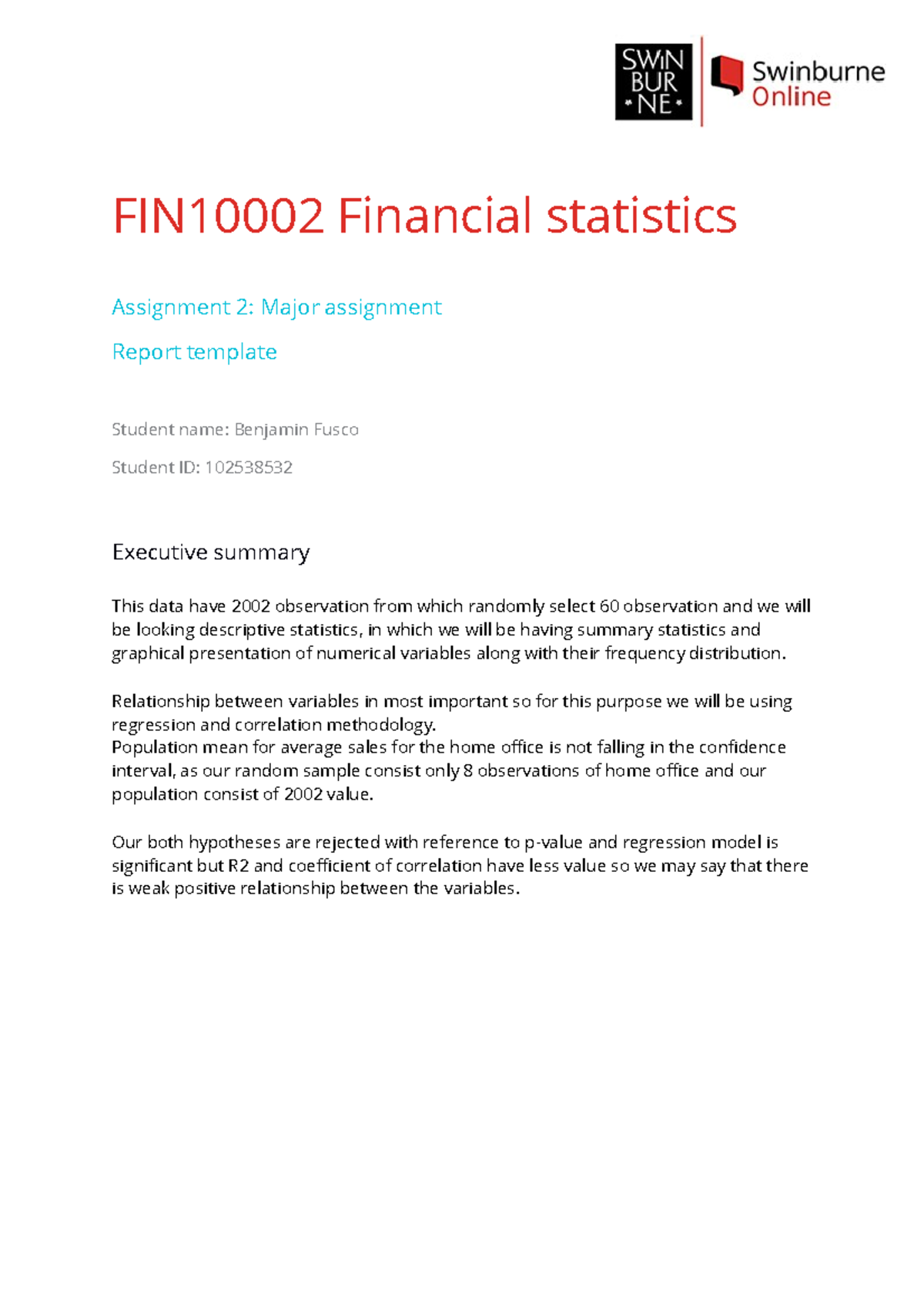 FIN10002 Financial statistics Assignment Major 102538532 assignment ...