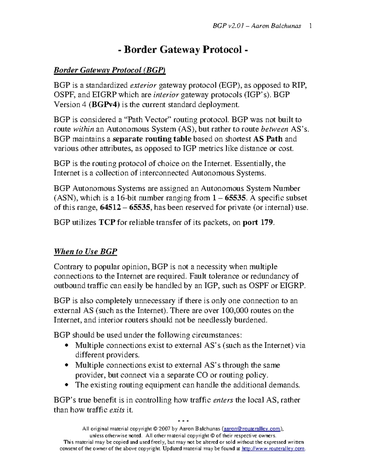 Bgp - BGP - * * * All original material copyright © 2007 by Aaron ...