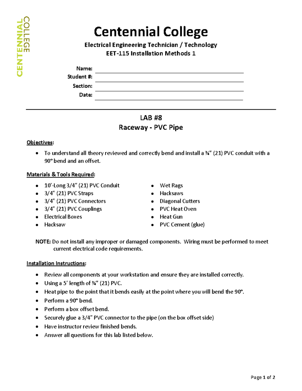 EET-115 Lab 8 - Raceway - PVC Pipe - Page 1 of 2 Centennial College ...