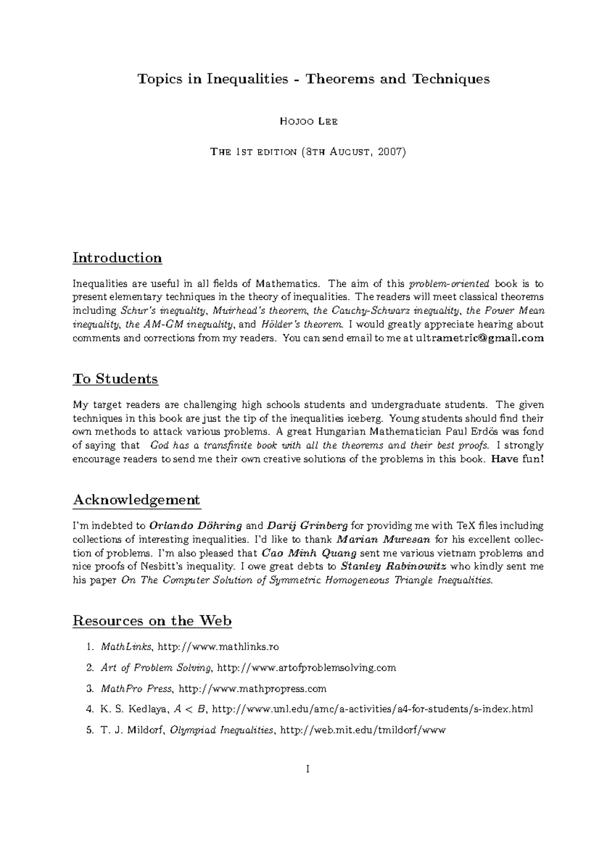 Topics in Inequalities 1st edition - Hojoo Lee (2007 ) - Topics in ...