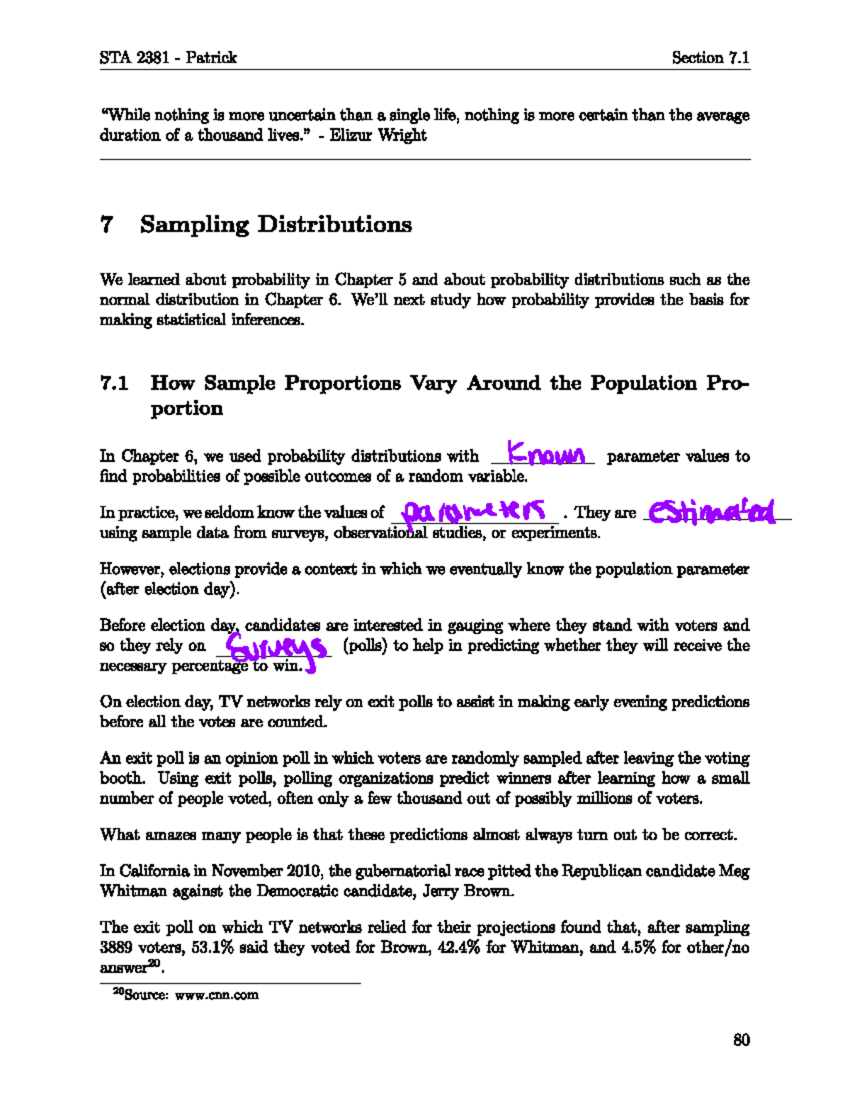 Ch7 stats patrick notes - known parameters estimated surveys Unknown ...