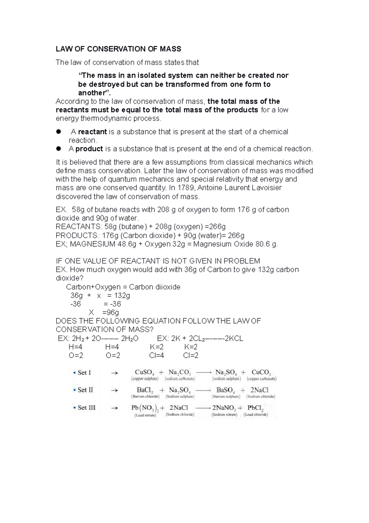 LAW OF Conservation OF MASS - LAW OF CONSERVATION OF MASS The law of ...