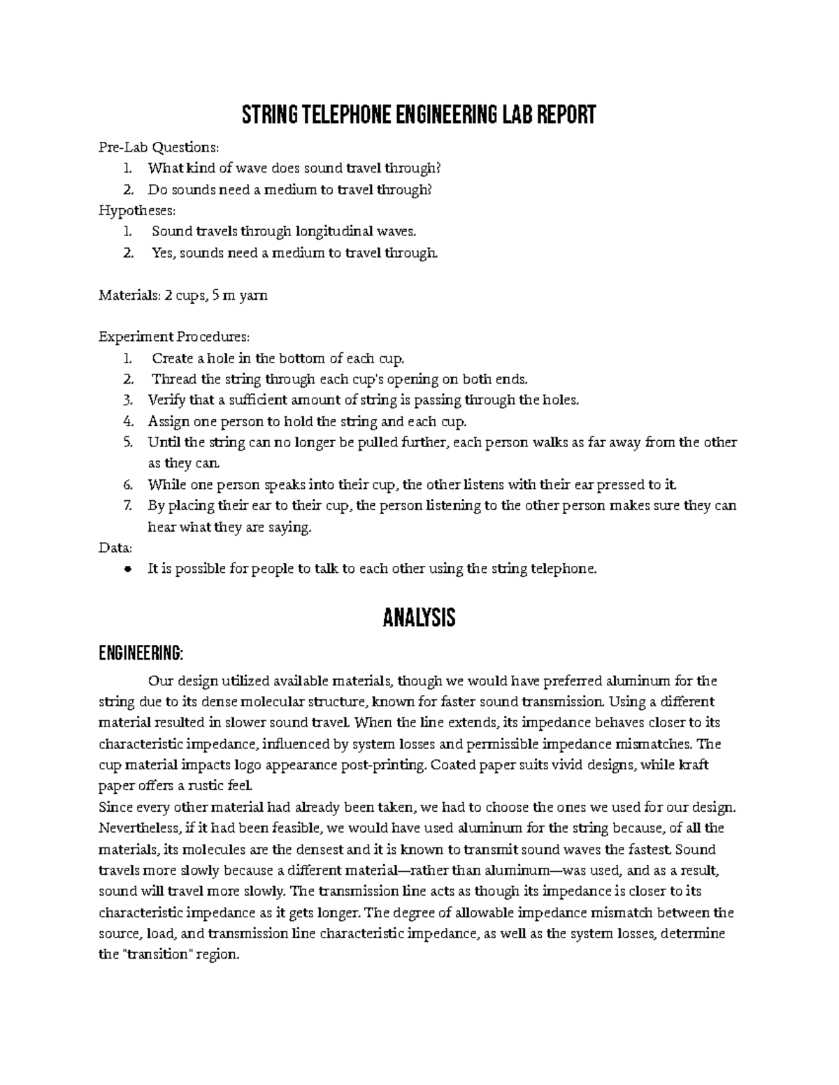 String telephone Engineering Lab report Scout - String telephone ...