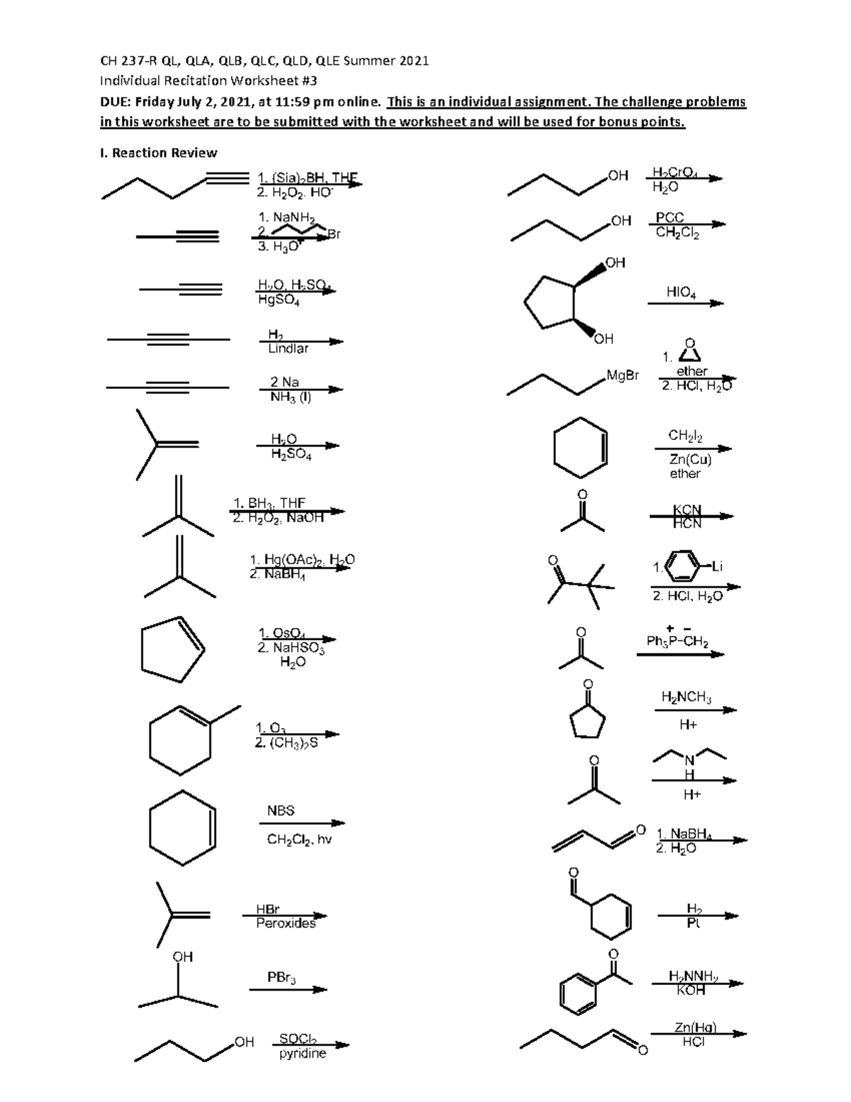 CH 237 Pre-recitation Worksheet 3 Su 2021 - CH 237 ‐R QL, QLA, QLB, QLC ...