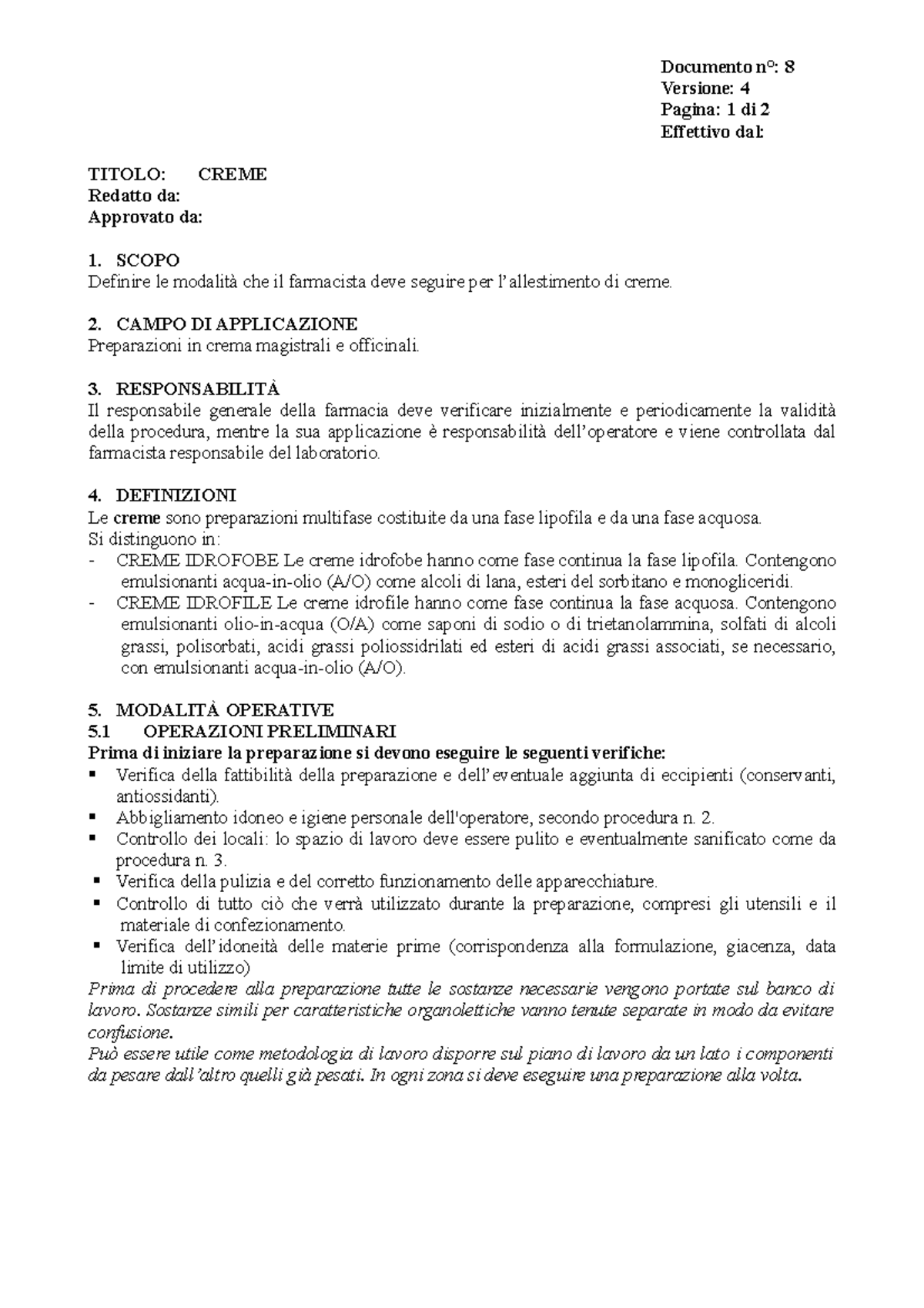 Protocollo Creme - Documento n°: 8 Versione: 4 Pagina: 1 di 2 Effettivo ...