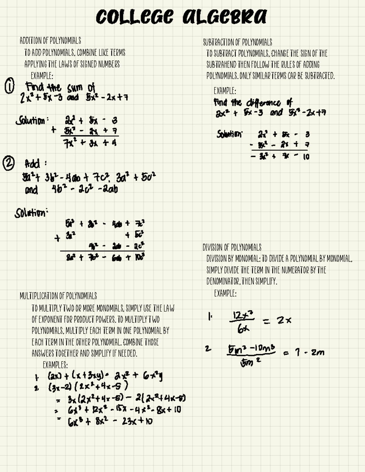 Algebra - College algebra Addition of polynomials To add polynomials ...