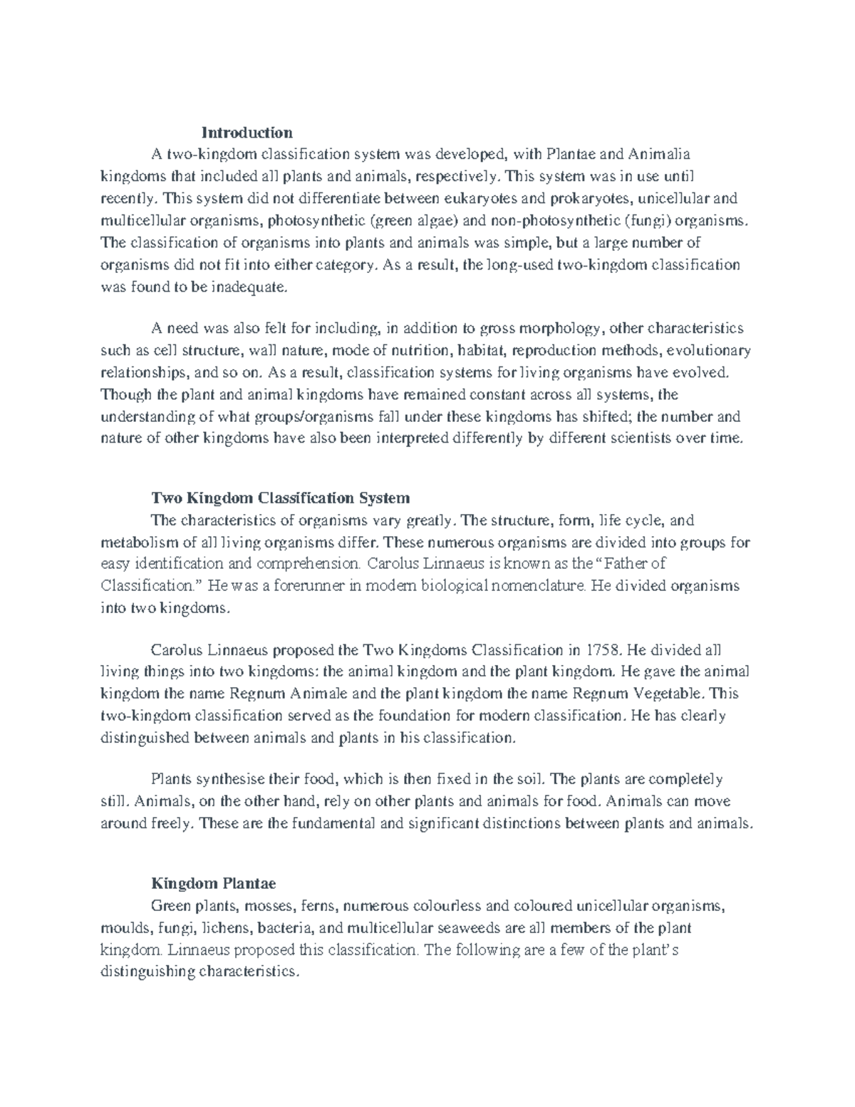 UNIT - 1 ALL - Introduction A two-kingdom classification system was ...