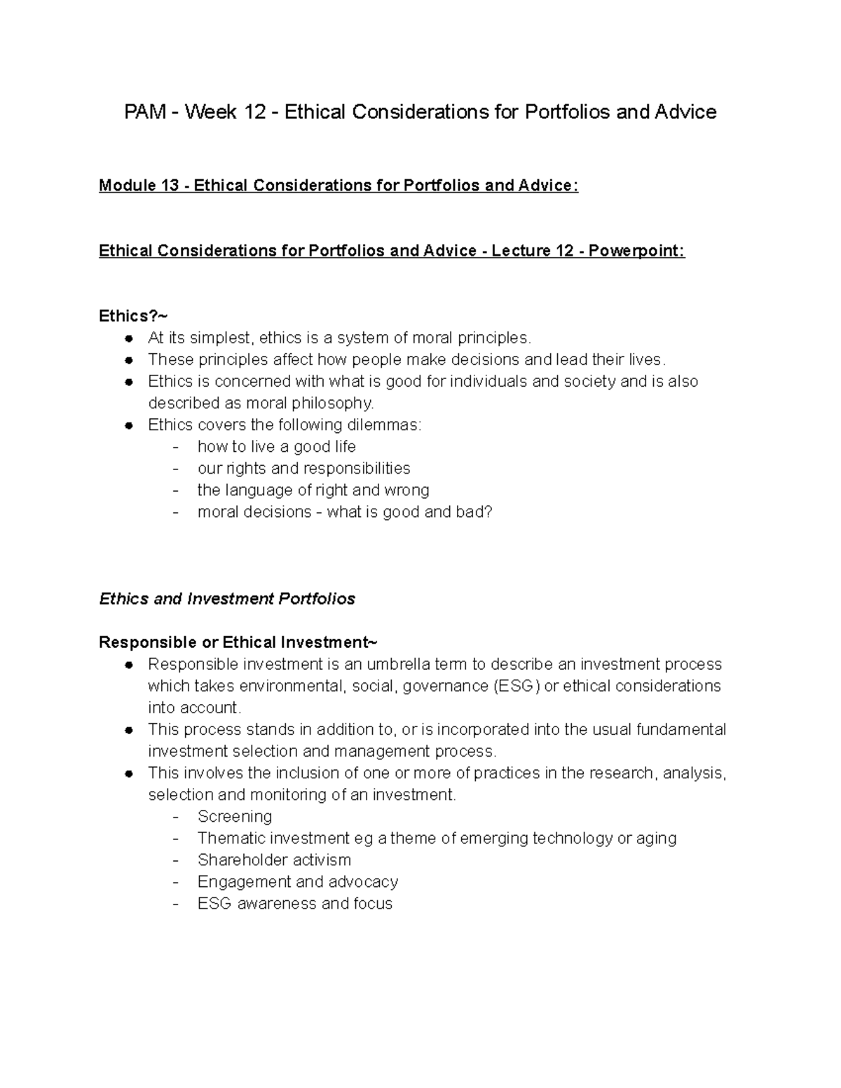 PAM - Week 12 - Ethical Considerations for Portfolios and Advice ...