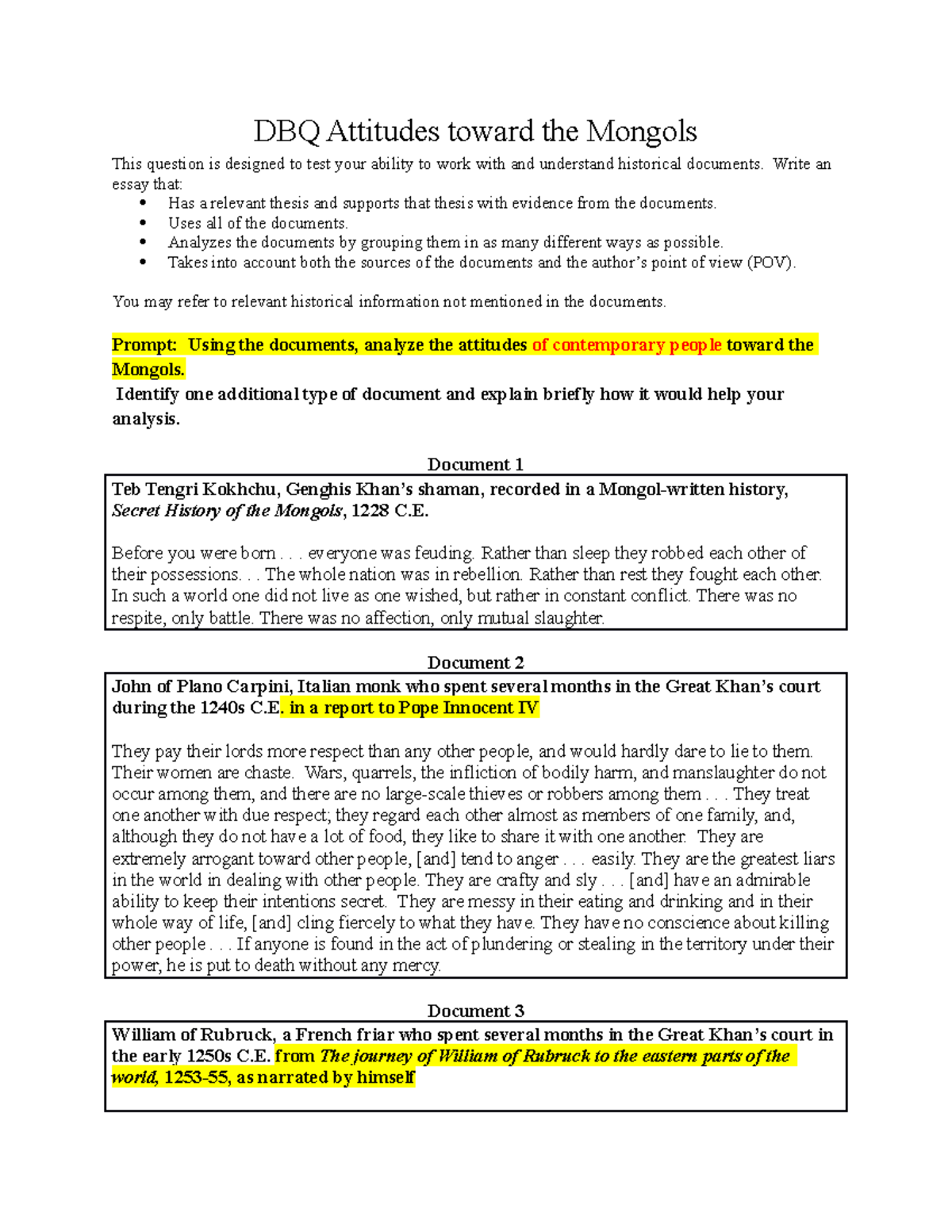 DBQ-Attitudes toward the Mongols - DBQ Attitudes toward the Mongols ...
