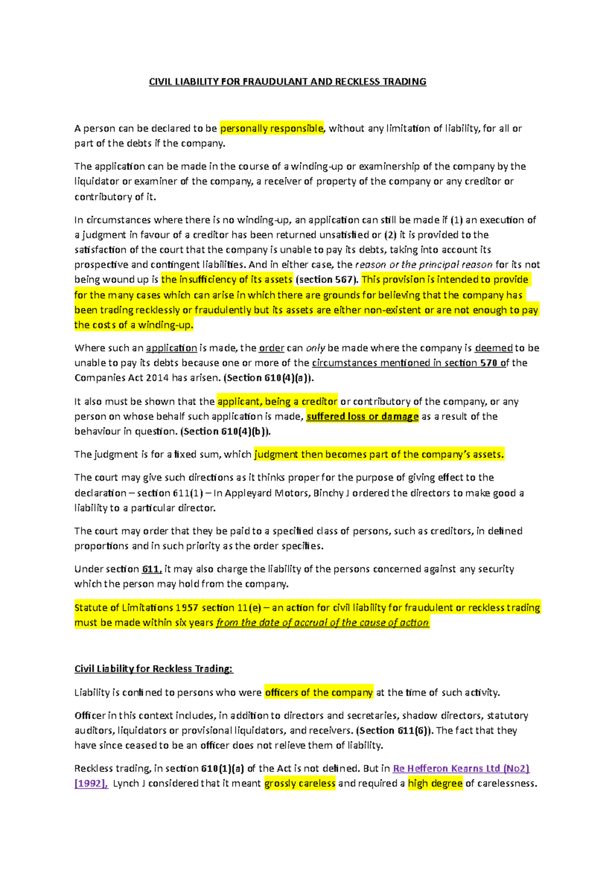 My notes for fraudulent and reckless trading - CIVIL LIABILITY FOR ...