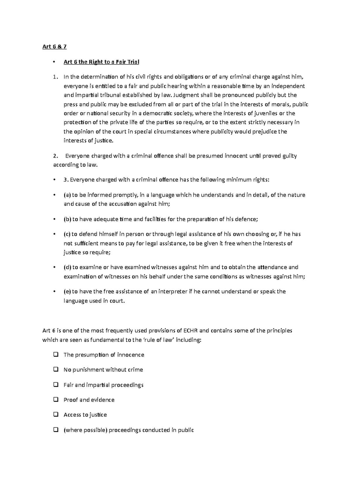 Human rights - Art 6&7 - Lecture notes 2 - Art 6 & 7 - Art 6 the Right ...