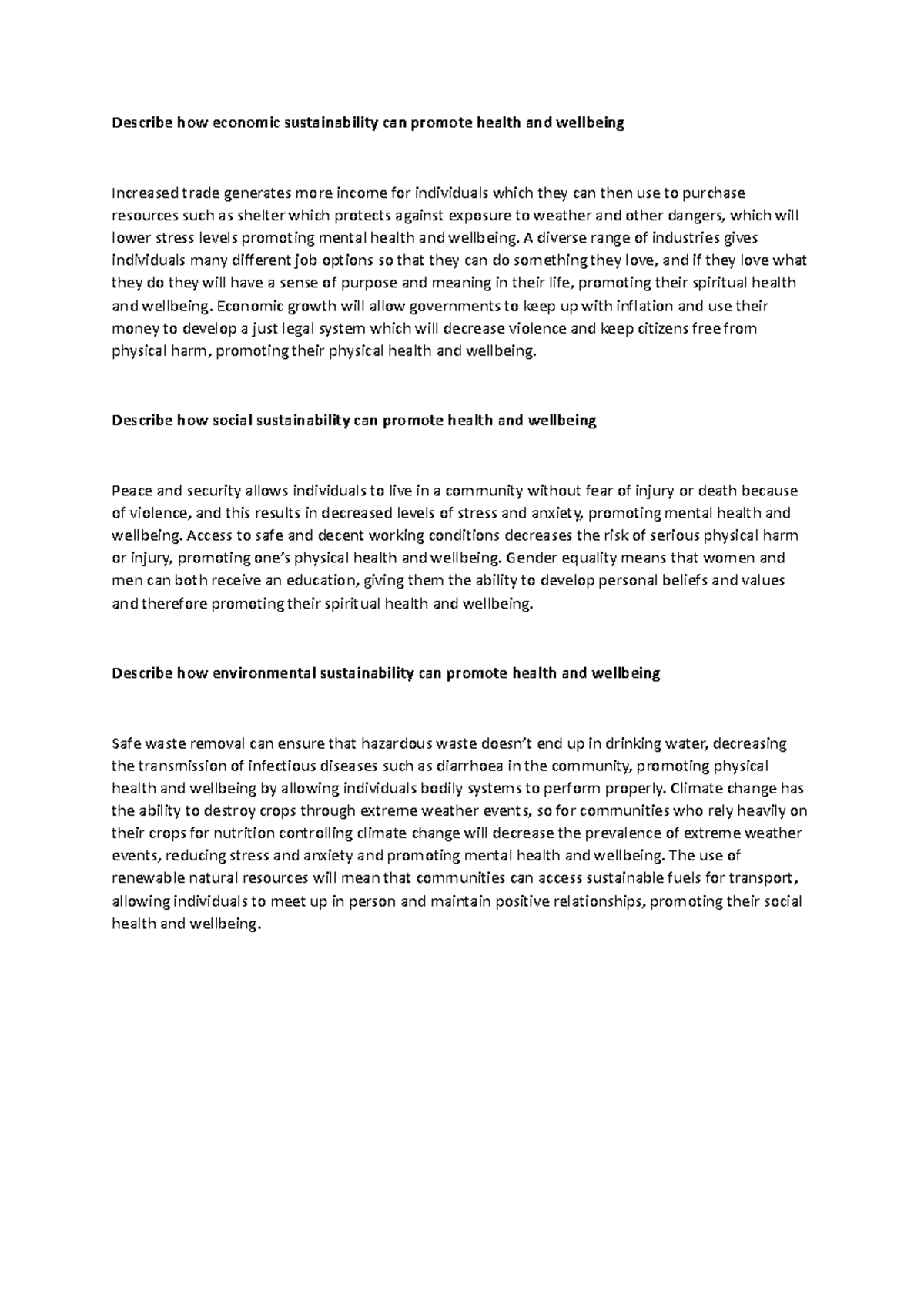How sustainability can promote health and wellbeing - Describe how ...