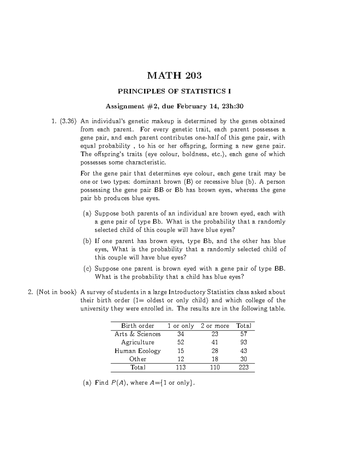 HW-2-W2018 - MATH 203 PRINCIPLES OF STATISTICS I Assignment #2, due ...
