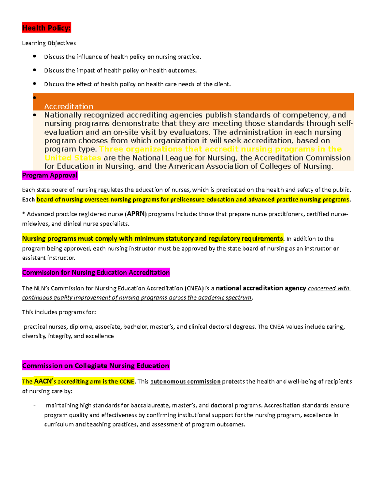 Health Policy Notes - Health Policy: Learning Objectives Discuss the ...