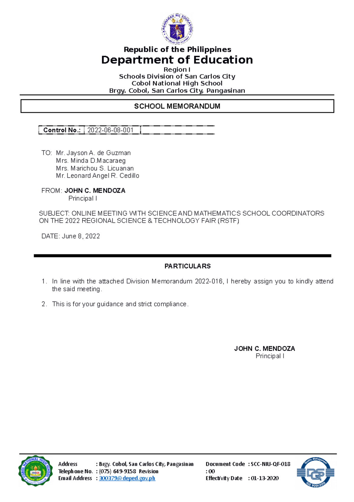 School Memo Sci Math Meeting - Republic of the Philippines Department ...