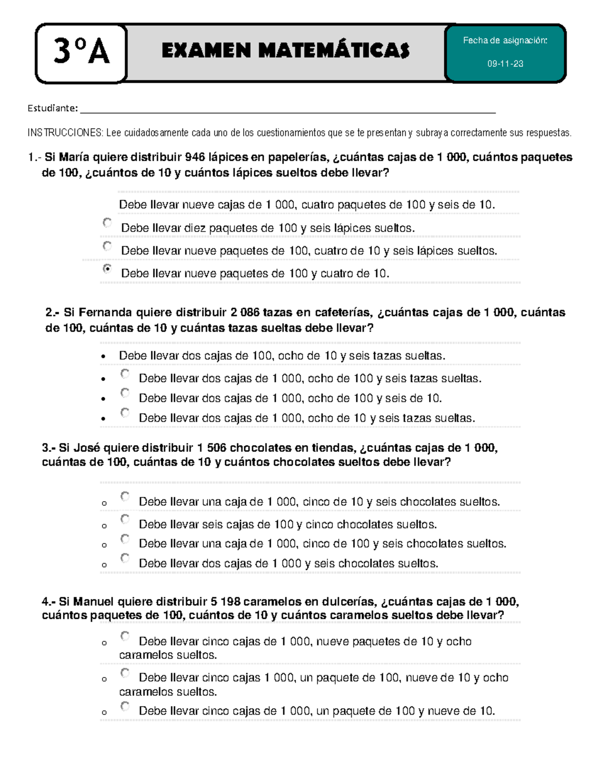 Examen Matemáticas tercer grado - Estudiante: - Studocu