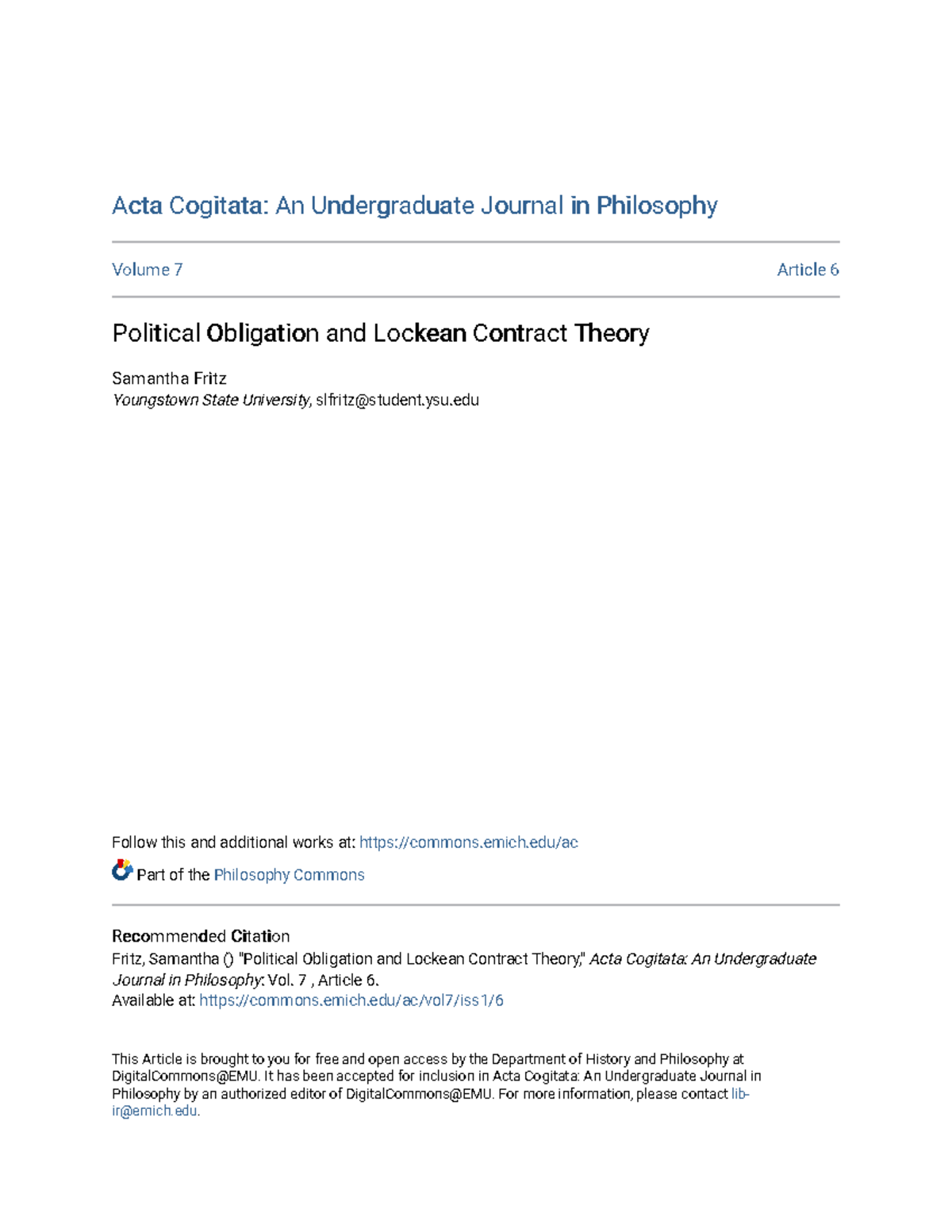 Political Obligation and Lockean Contract Theory - Acta Cogitata: An ...