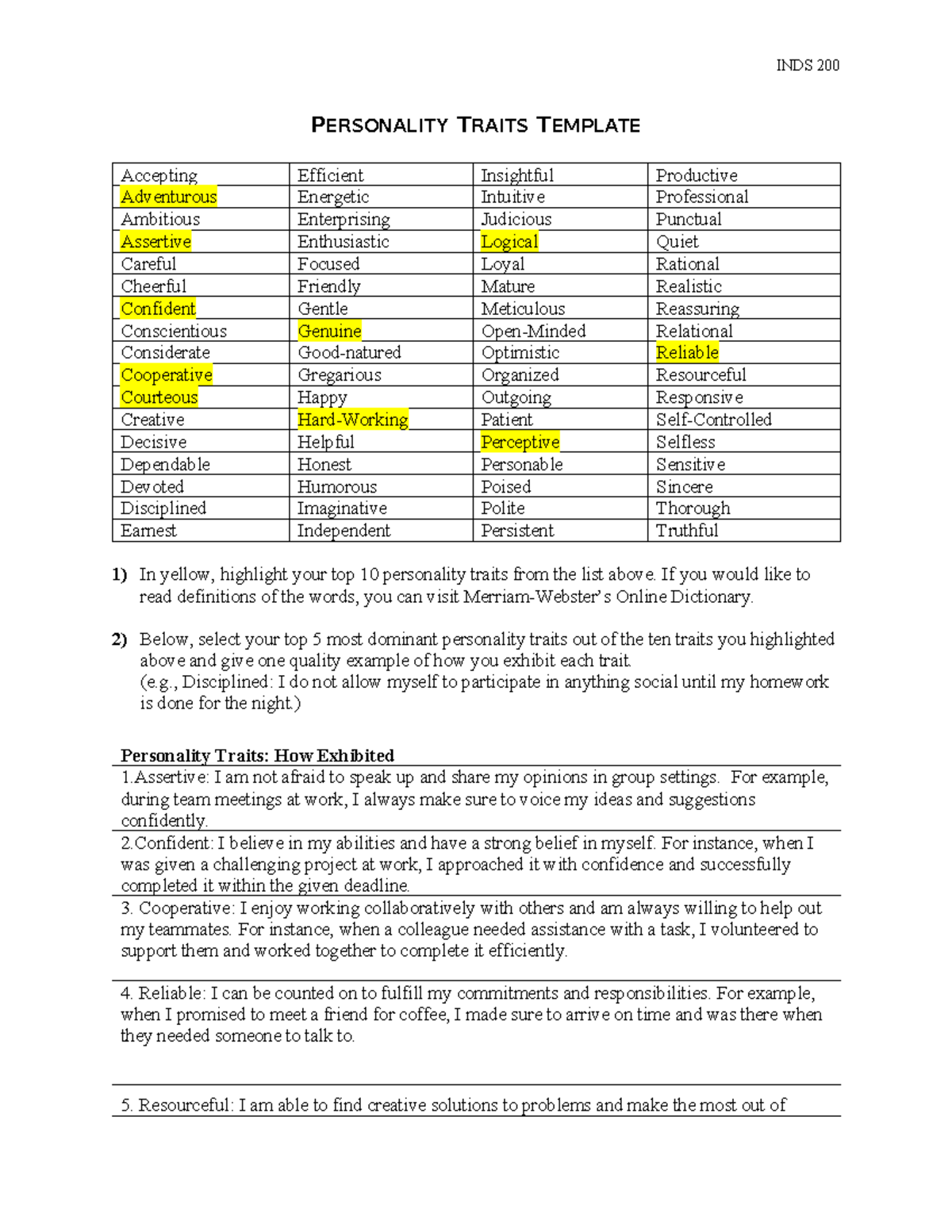 Personality Traits Template - INDS 200 PERSONALITY TRAITS TEMPLATE ...