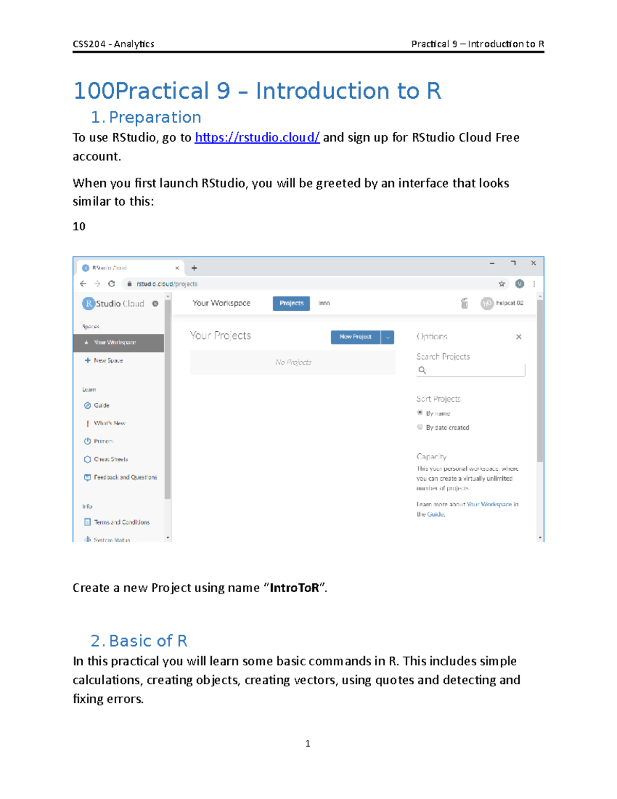Practical 9 - Introduction to R - 100Practical 9 – Introduction to R 1 ...