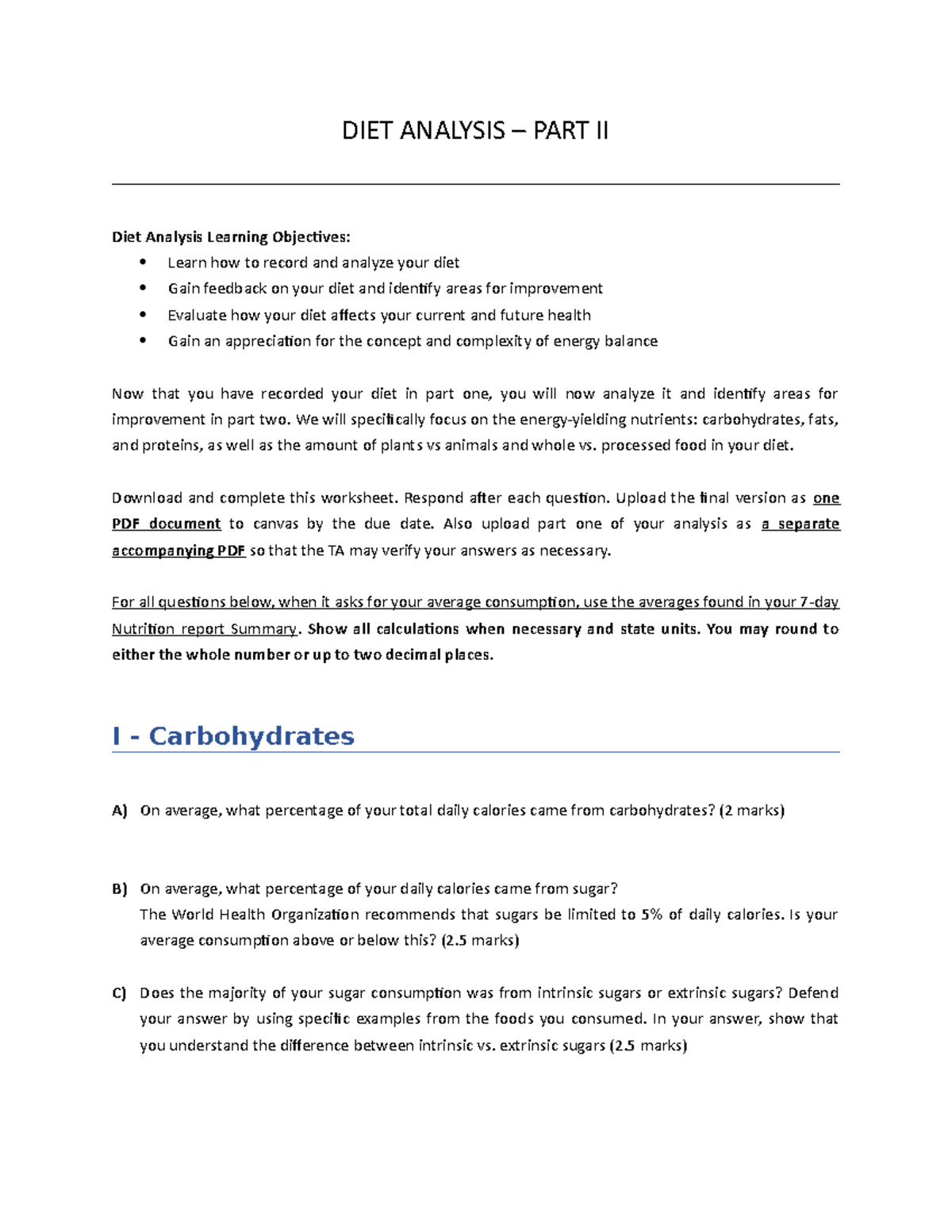 DA Part II-1 - Diet analysis part 2 rubric - DIET ANALYSIS – PART II ...