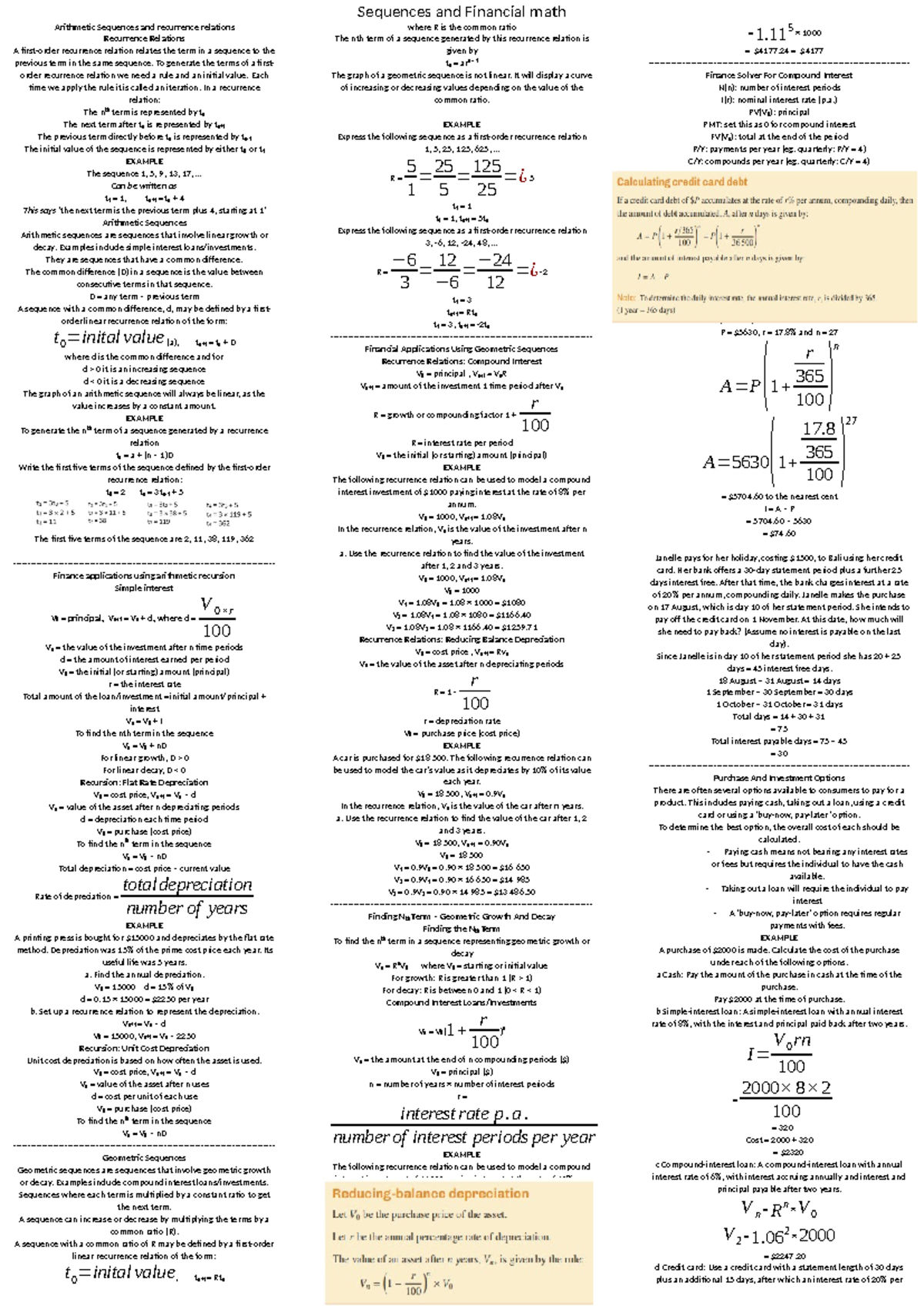 Sequences and Finance - Incredibly detailed summary sheets for the ...