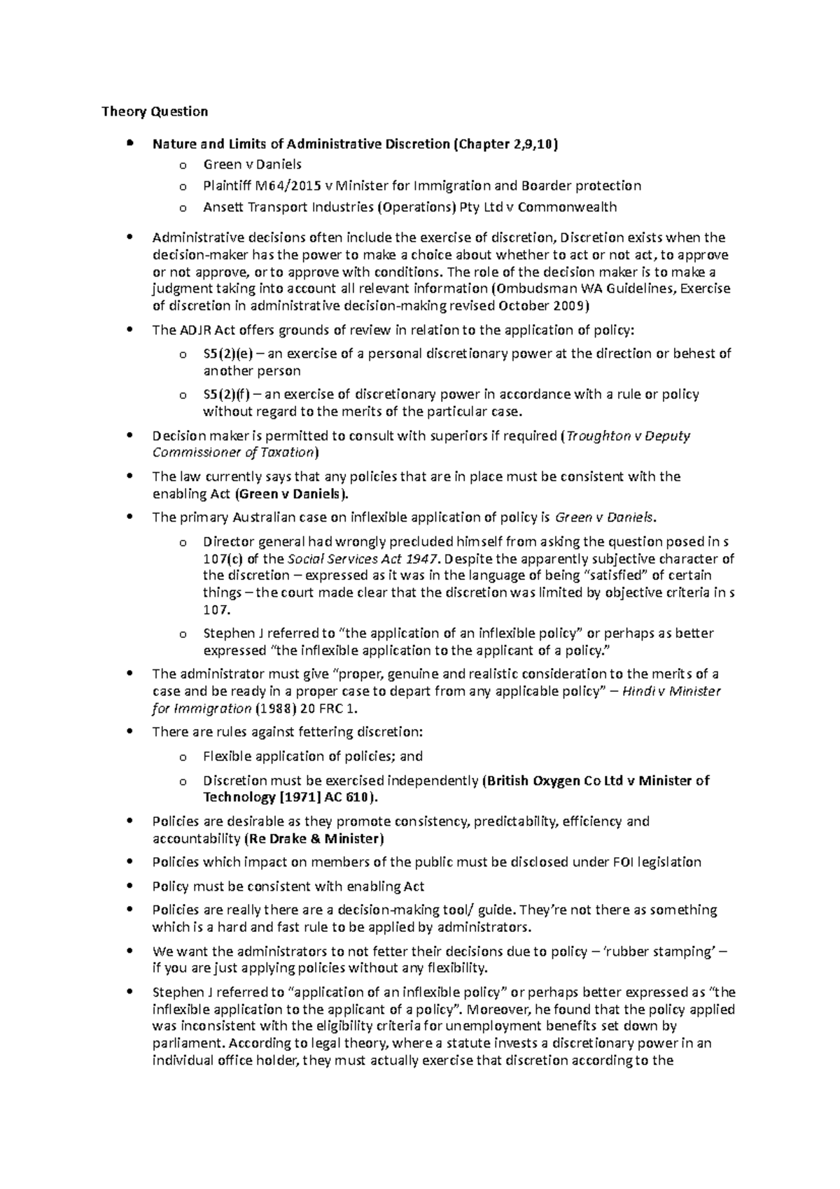 Admin Law - EXAM Notes - Theory Question Nature and Limits of ...