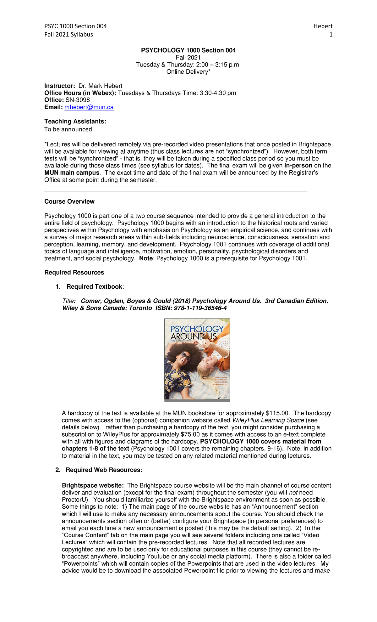 Psyc 1000 Section 004 Fall 2021 Syllabus - Fall 2021 Syllabus 1 ...