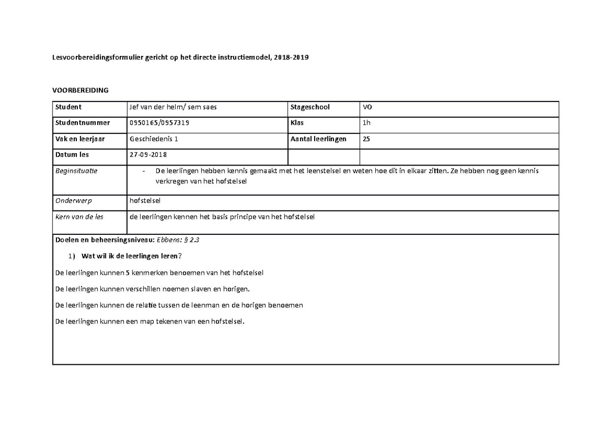 Leeg lesvoorbereidingsformulier - Lesvoorbereidingsformulier gericht op ...