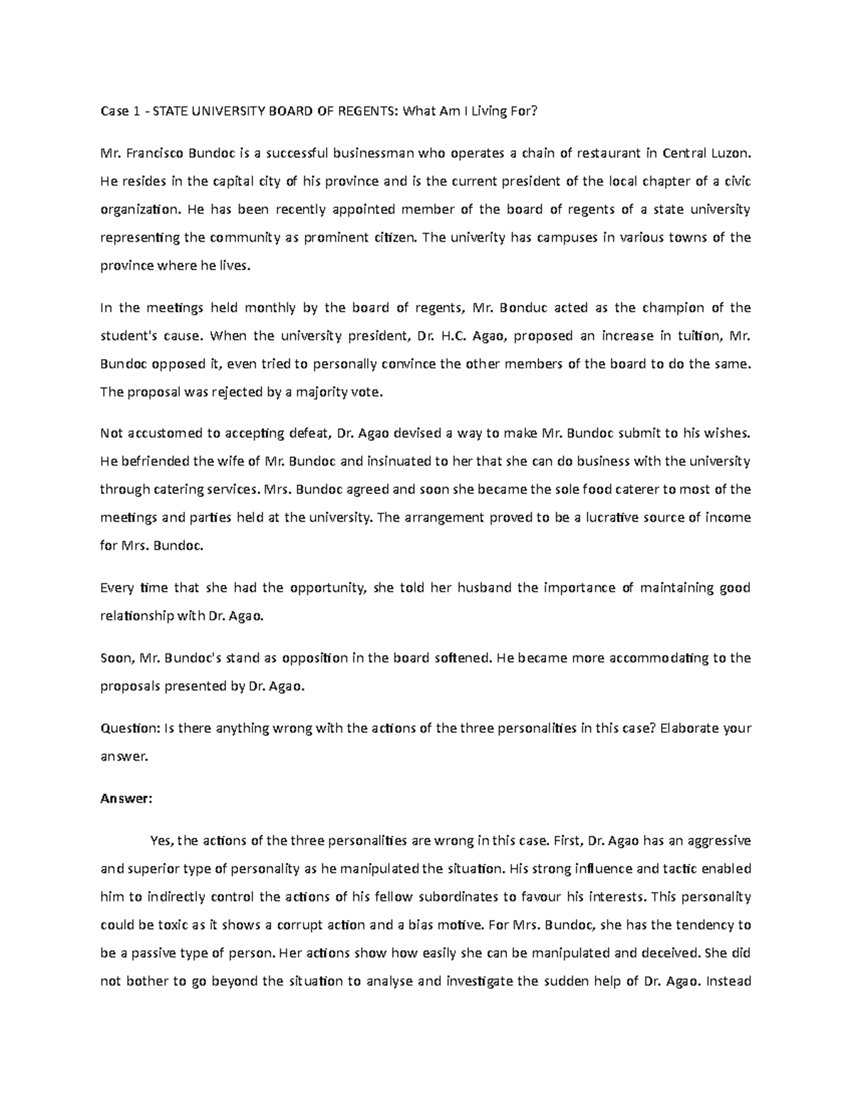 Case Analysis on human behavior - Case 1 - STATE UNIVERSITY BOARD OF ...