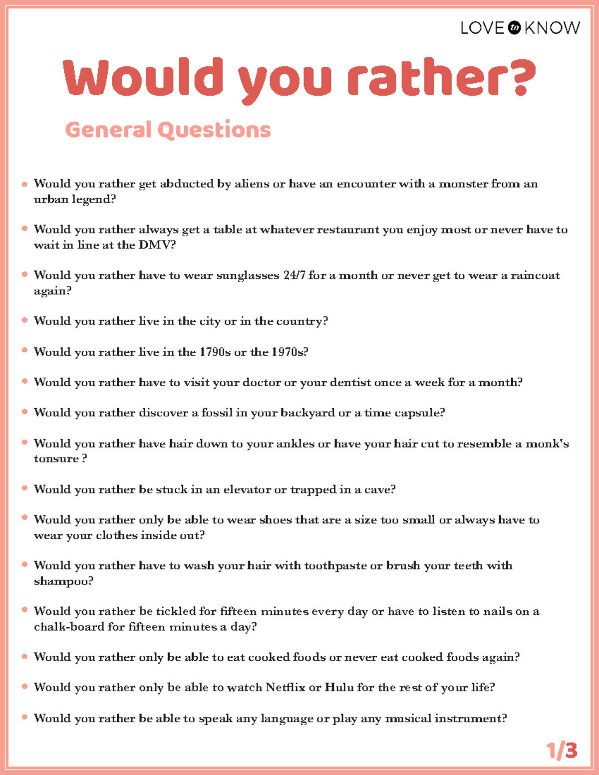 4537 Would you rather printable questions - Would you rather get ...