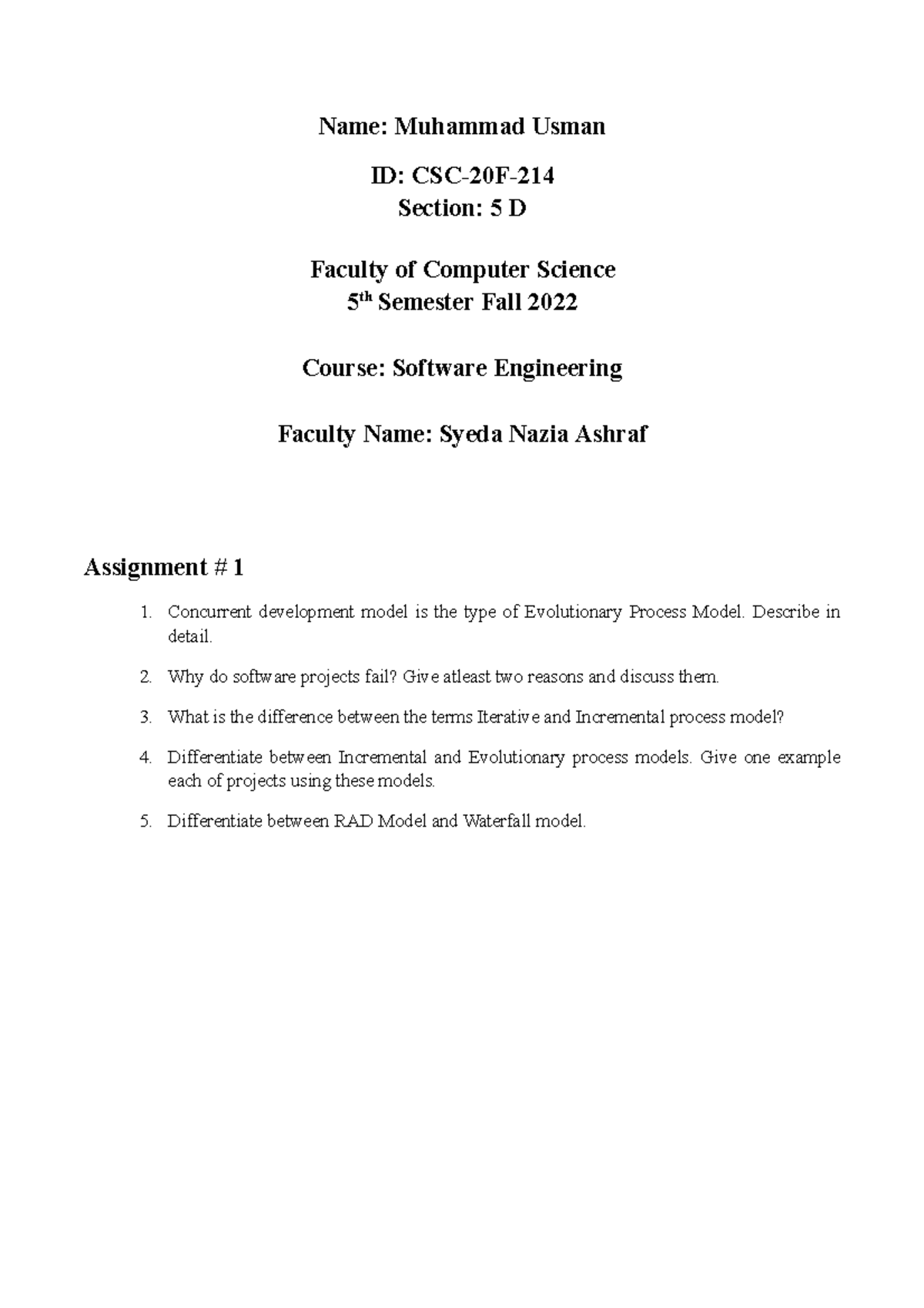 Assignment 1-SE-fall 2022 - Name: Muhammad Usman ID: CSC-20F- Section ...