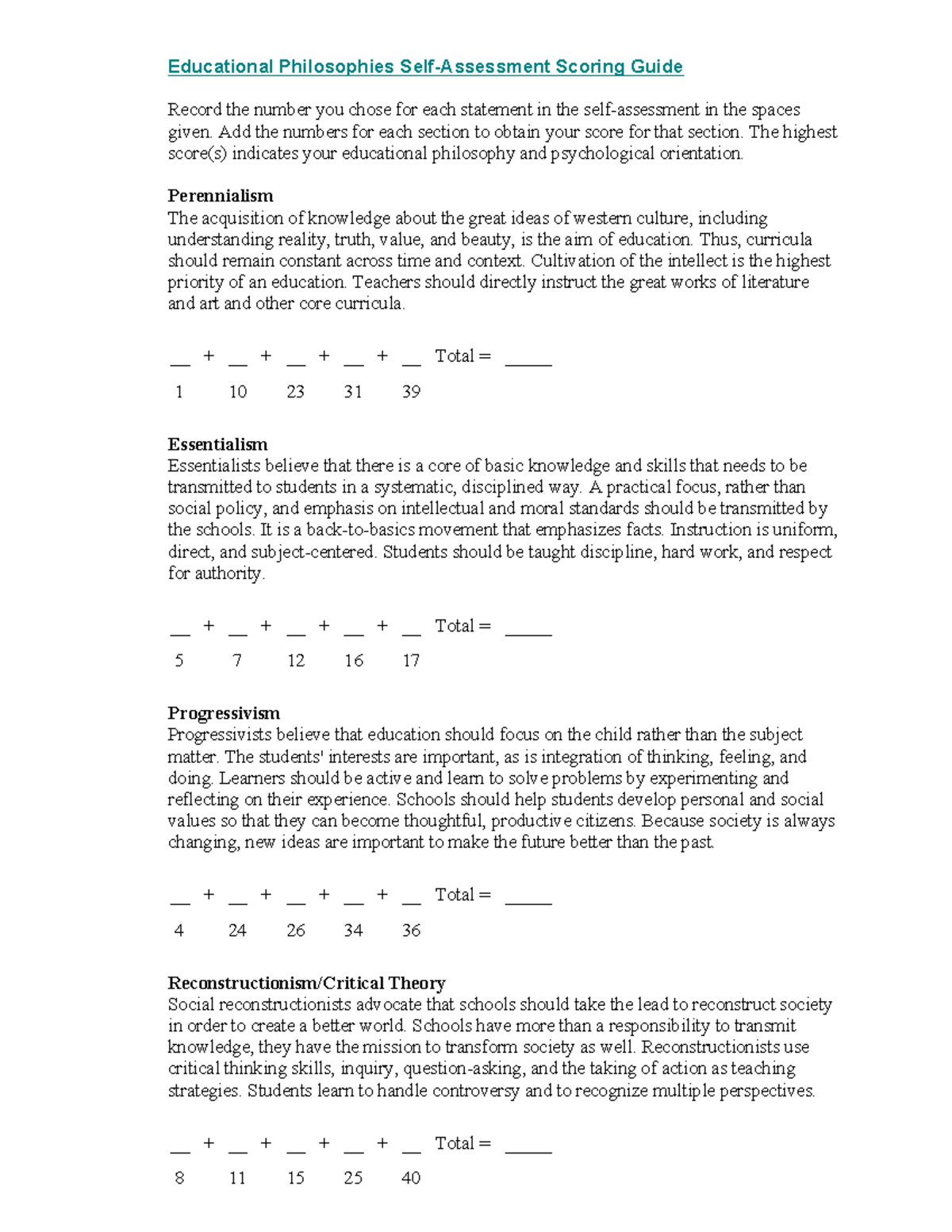 Educational Philosophies Self-assessment scoring guide - Educational ...
