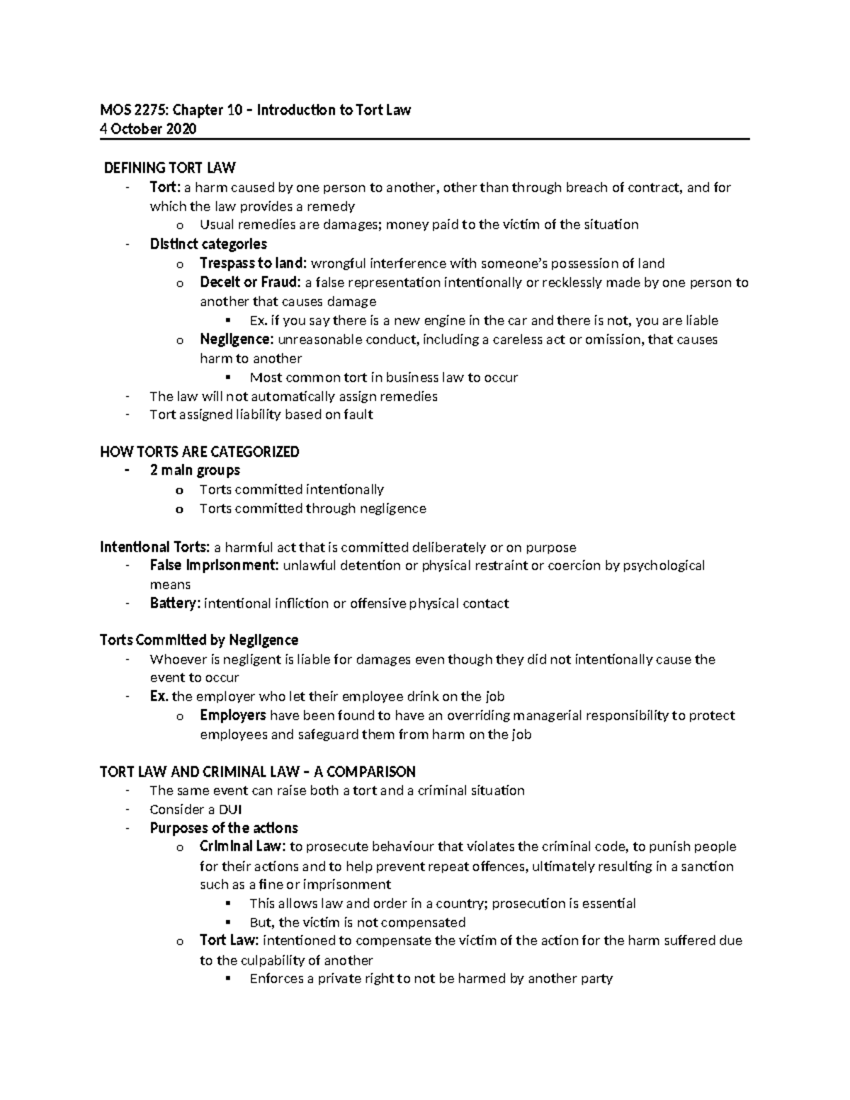 Chapter 10 - notes - MOS 2275: Chapter 10 – Introduction to Tort Law 4 ...