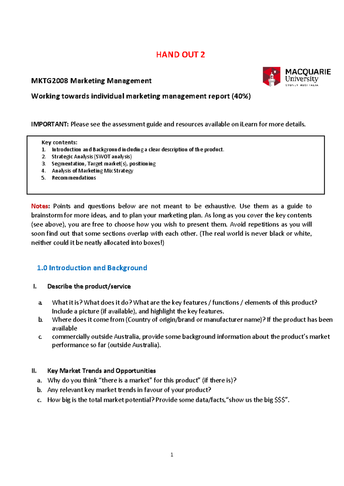 MKTG2008 Marketing Management Report Assessment Guide-Red Handout 2 ...