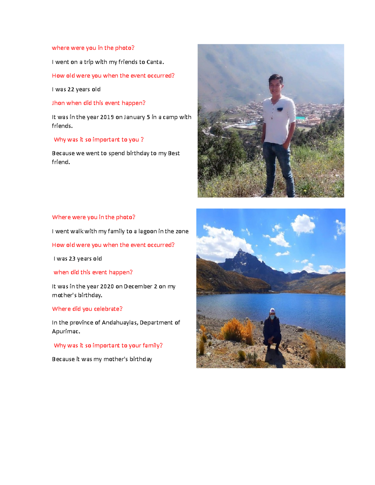 Ingles 3 - SEM 3 - where were you in the photo? I went on a trip with ...