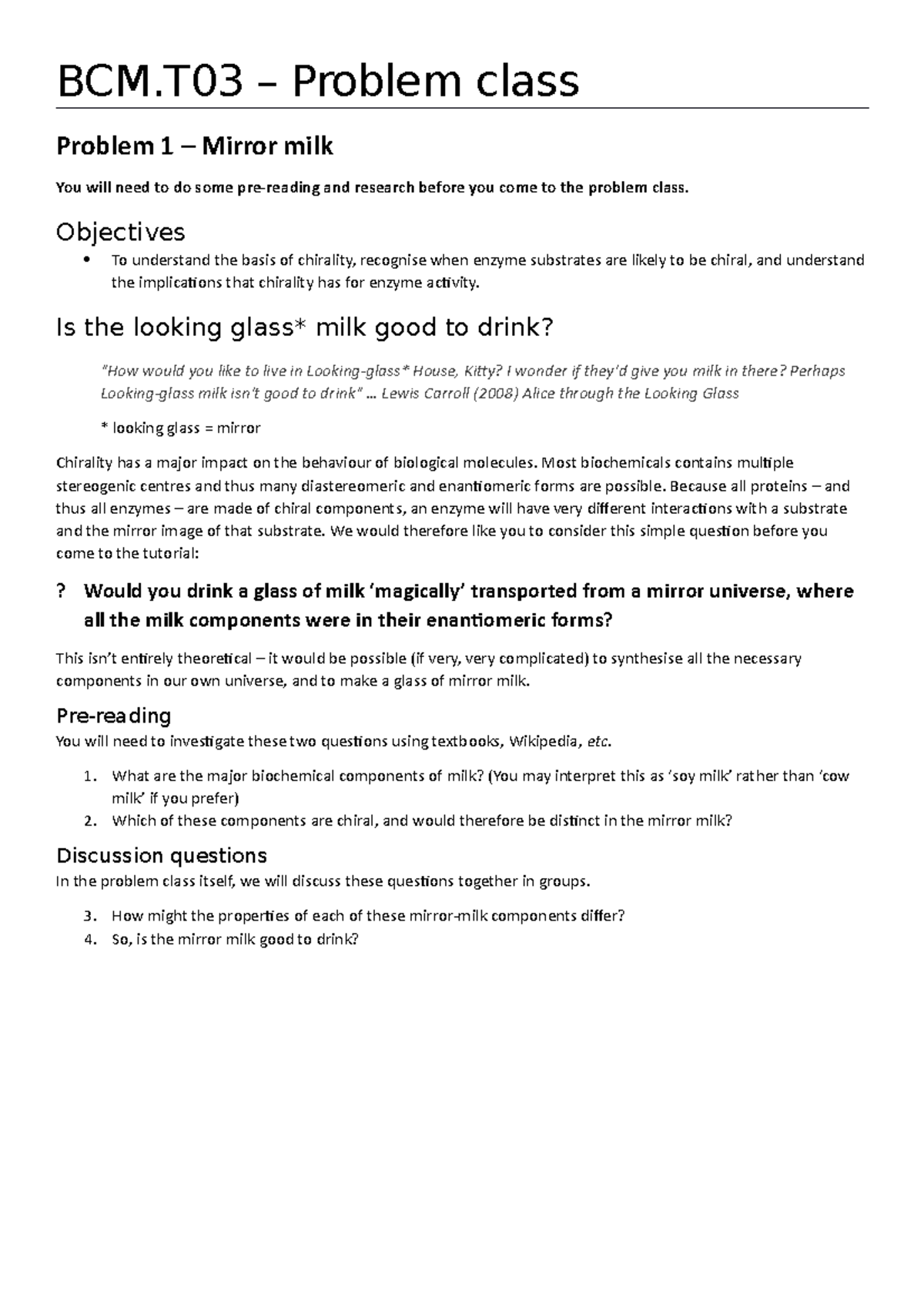 Mirror milk workshop Worksheet + answers - BCM – Problem class Problem ...