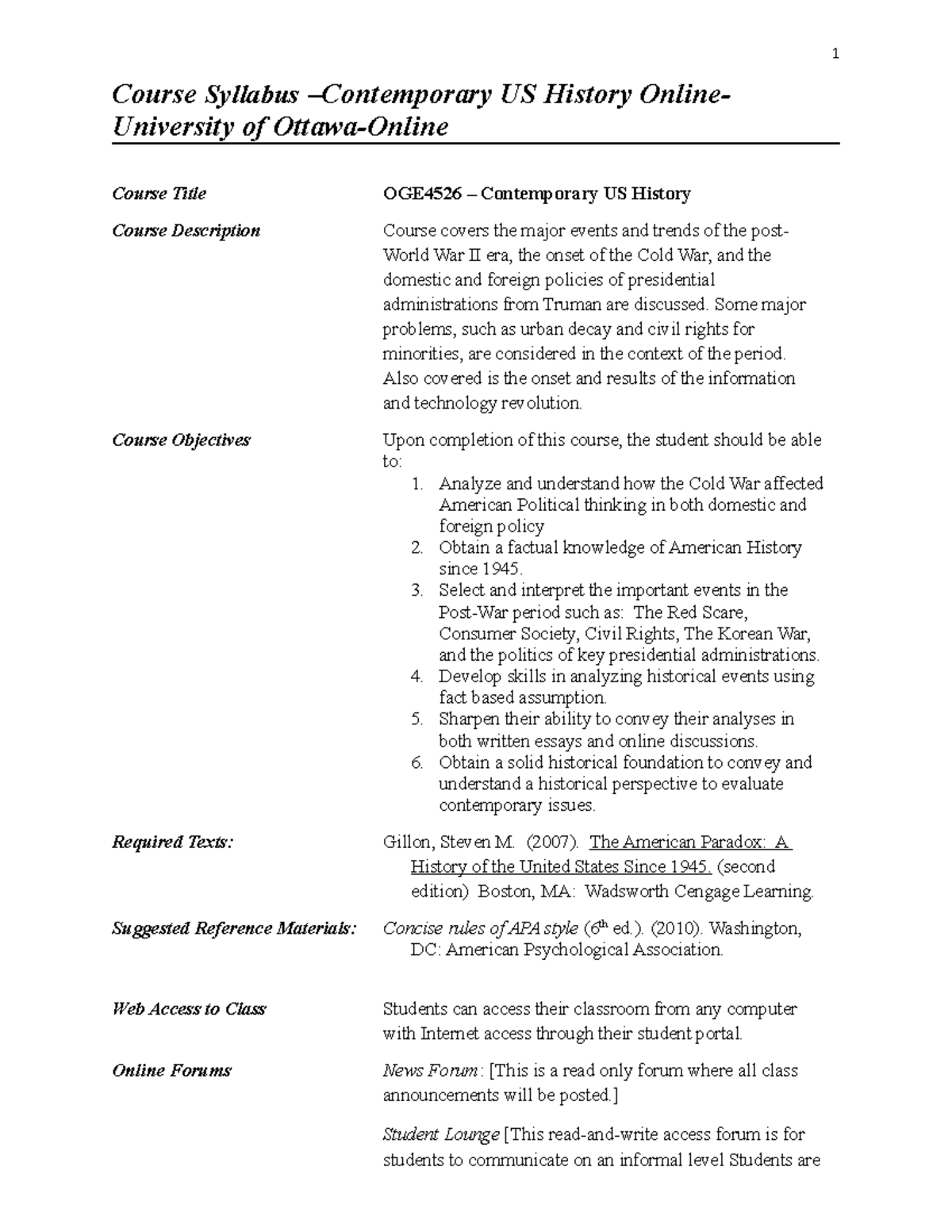 US History Online - 1 Course Syllabus US History OnlineUniversity of ...