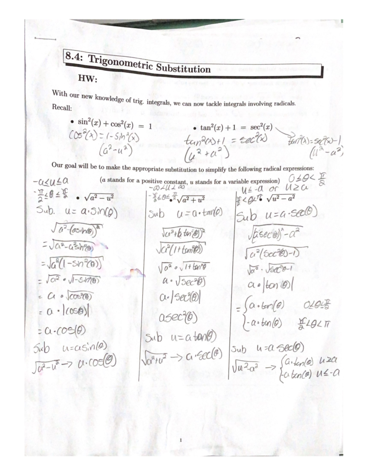 8.4 Trigonometric Substitution - integrals, we can now tackle integrals ...