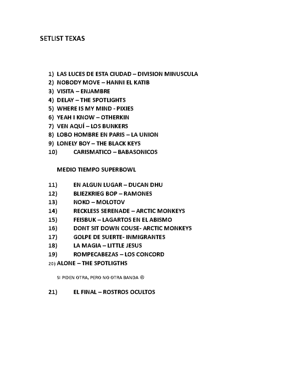 Setlist Texas - SETLIST TEXAS 1) LAS LUCES DE ESTA CIUDAD – DIVISION ...