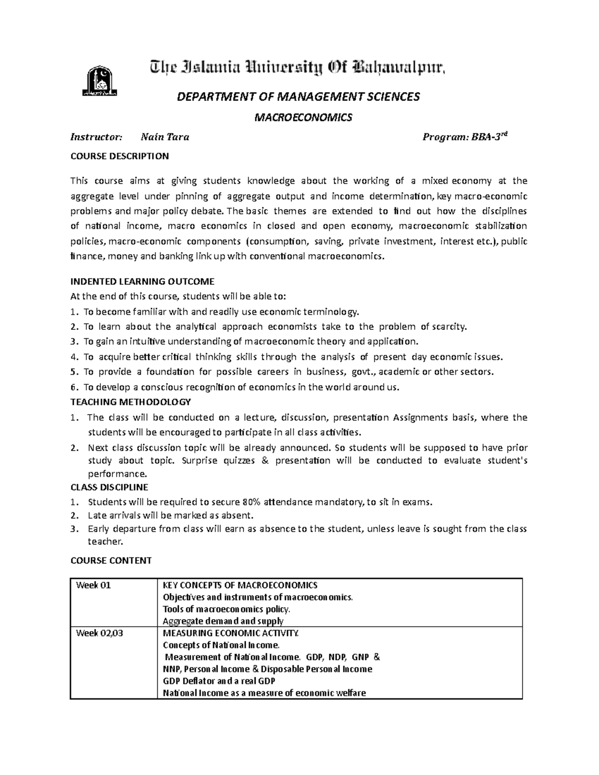 Outline Principles OF Macro - DEPARTMENT OF MANAGEMENT SCIENCES ...