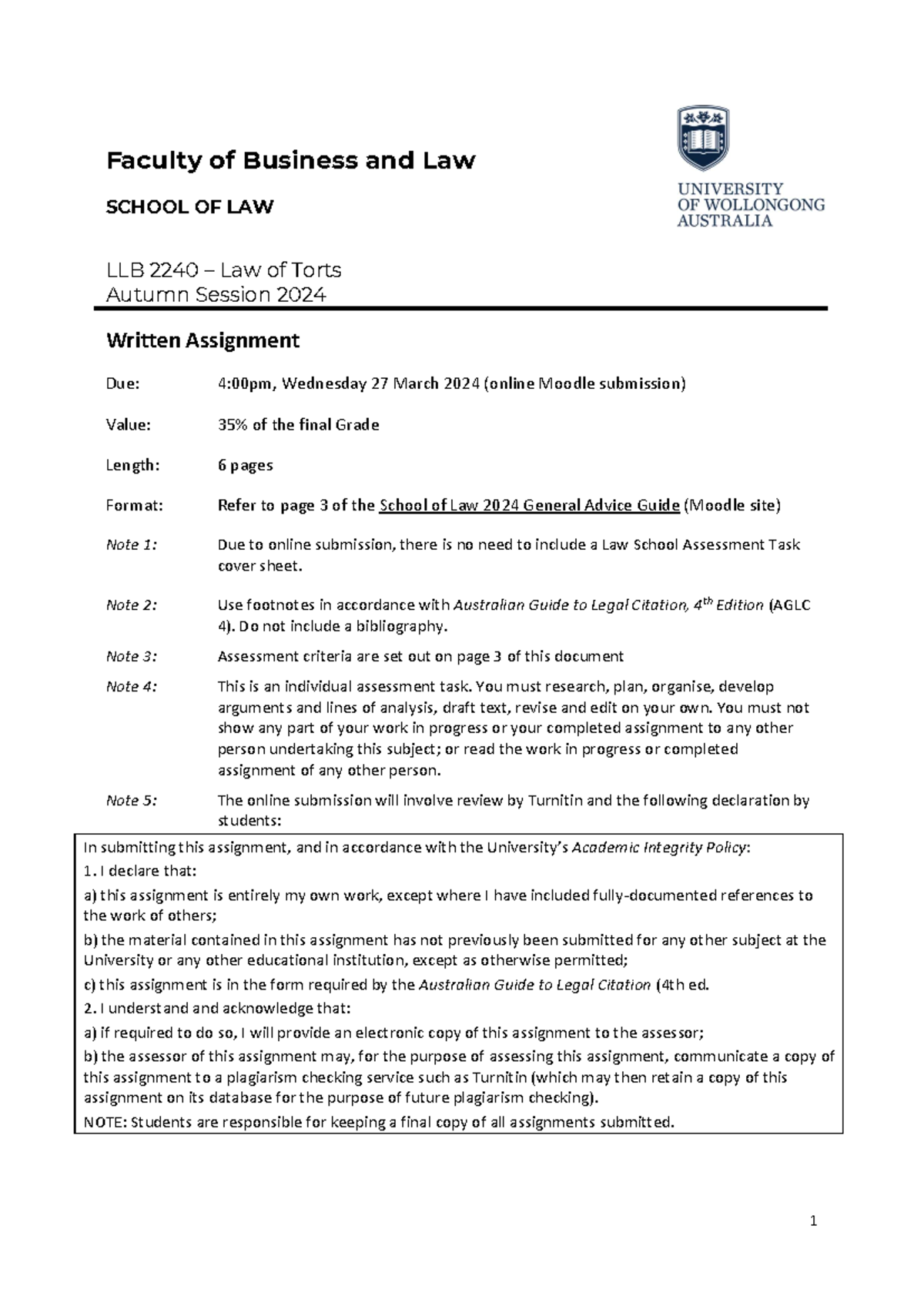 Torts 2024 assignment - 1 Faculty of Business and Law SCHOOL OF LAW LLB ...