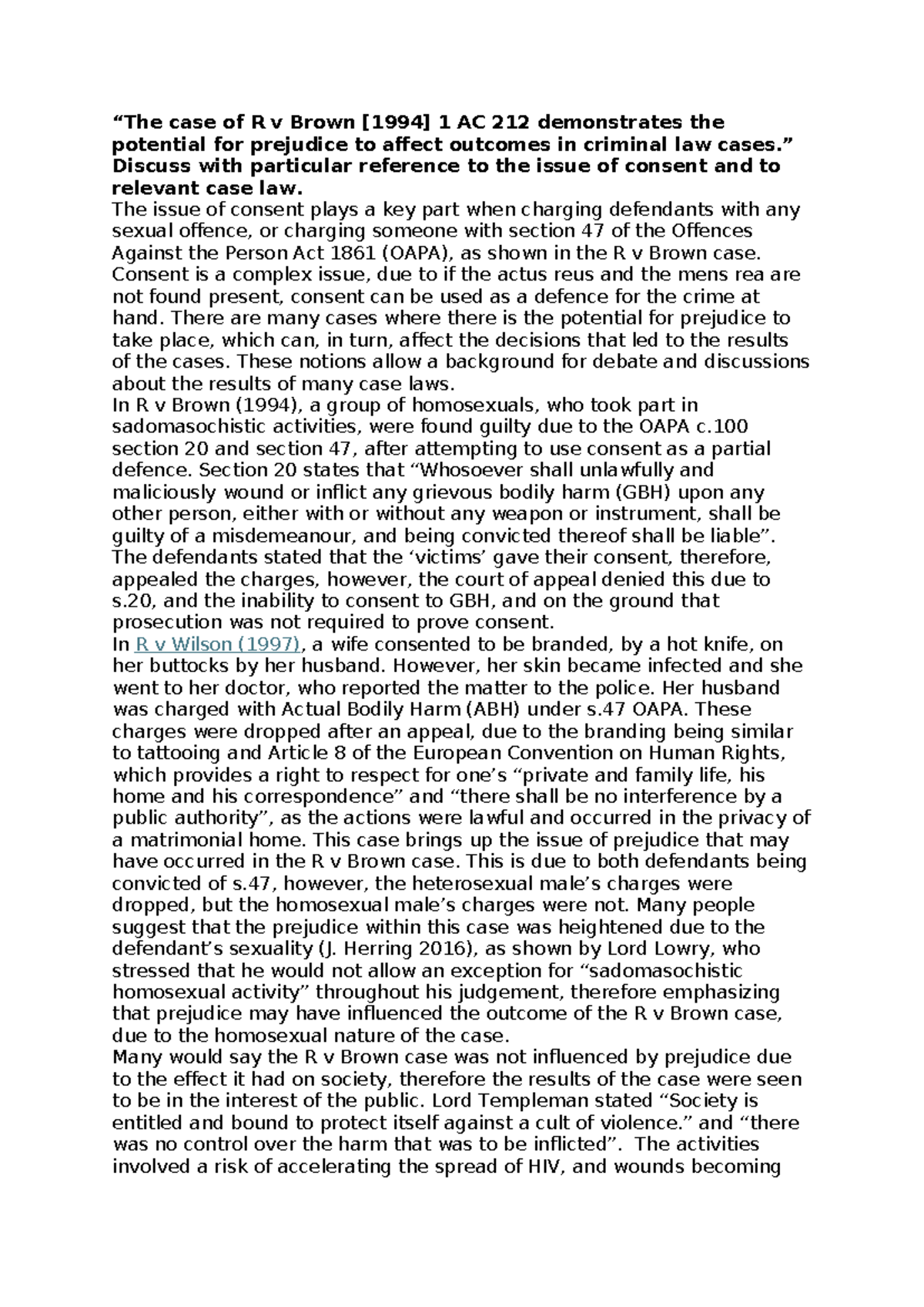 The case of R v Brown Harvard Review - “The case of R v Brown [1994] 1 ...