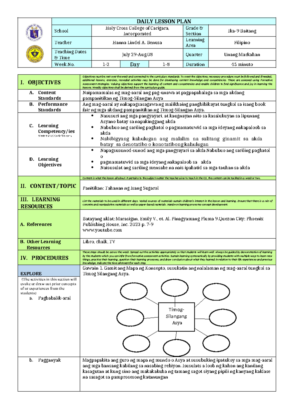 FILIPINO DLP week 1 - DAILY LESSON PLAN School Holy Cross College of ...