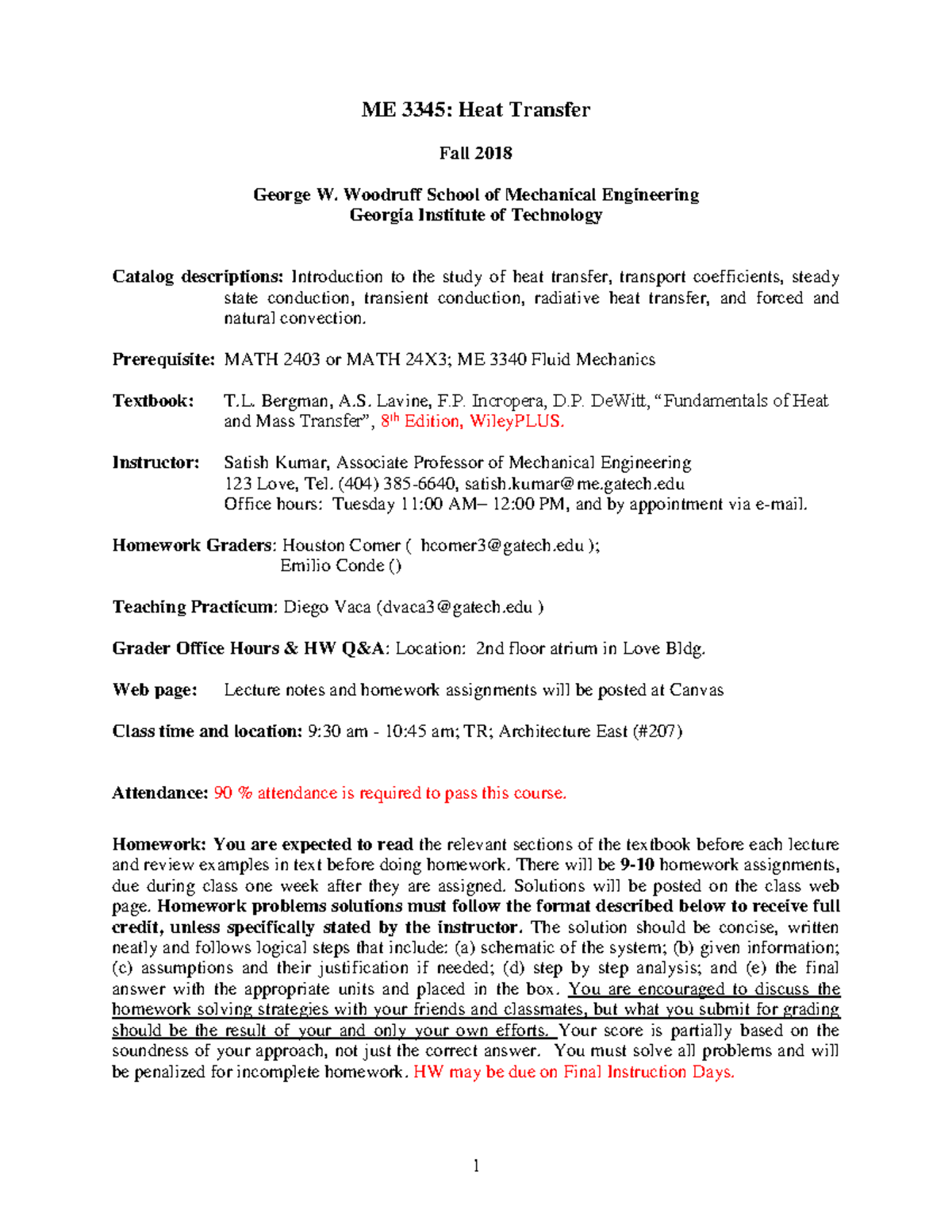 Syllabus Fall 18 - ME 3345: Heat Transfer Fall 2018 George W. Woodruff ...