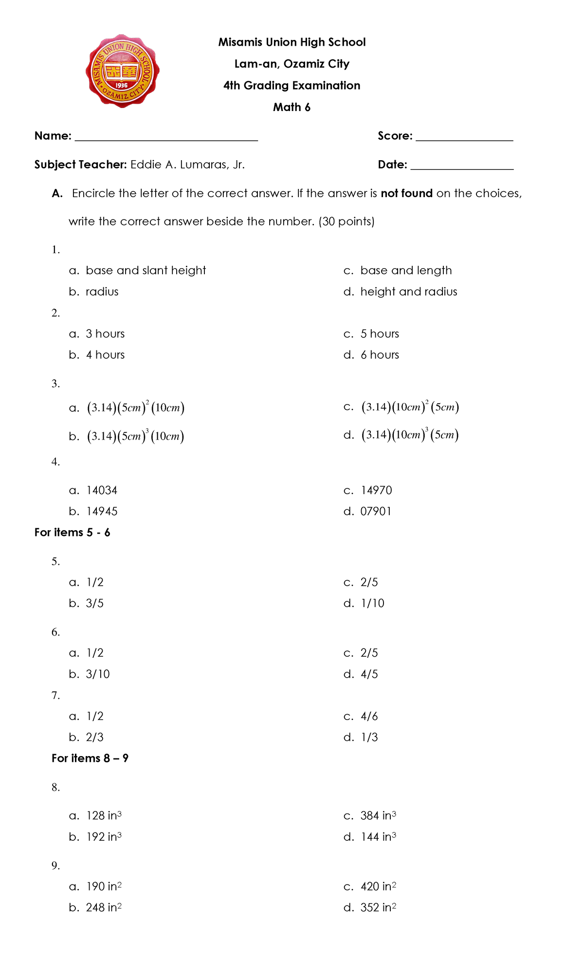 Grade 6 - 4th Grading Exam - Answer Sheet - Misamis Union High School ...