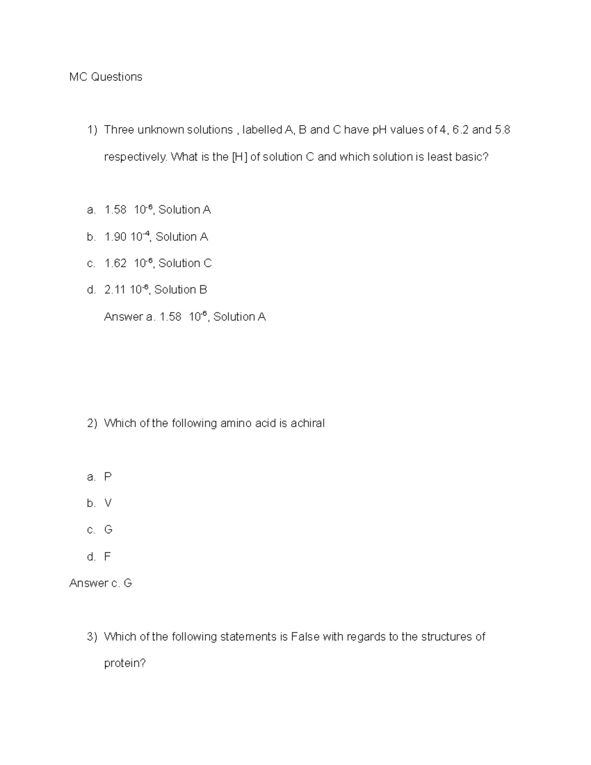 MC Questions biochem - assignment - MC Questions Three unknown ...