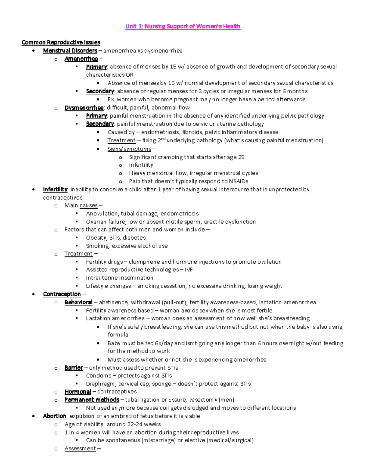 OB Exam 1 Study Guide - Unit 1: Nursing Support of Women’s Health ...