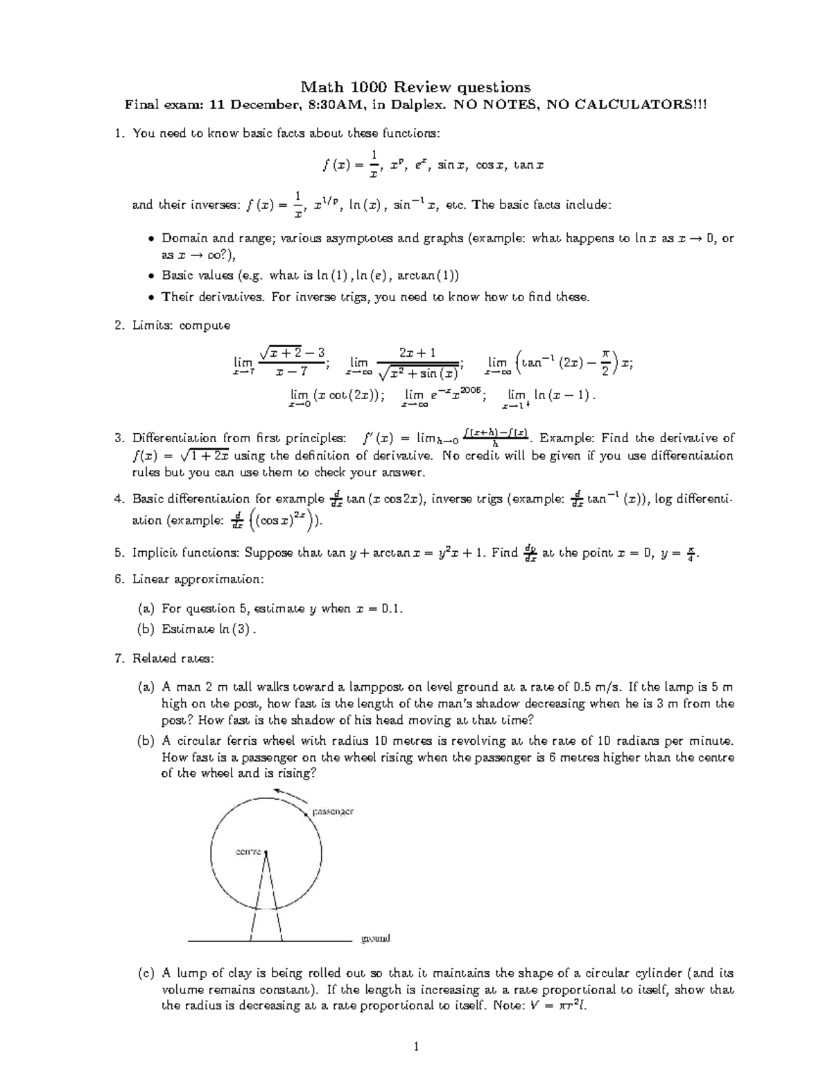 Samplef - MATH REVIEW - Math 1000 Review questions Final exam: 11 ...